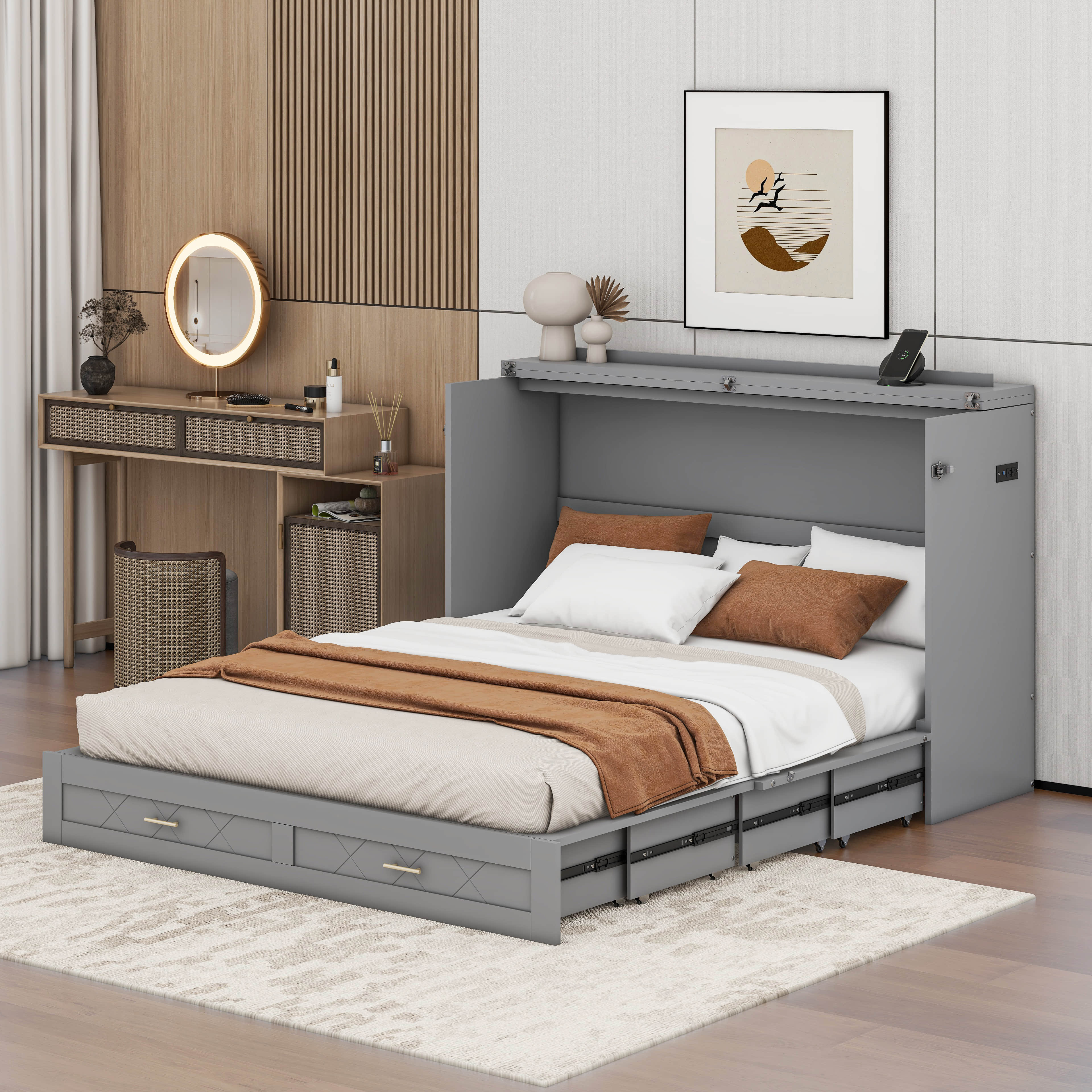 Cosmic Queen Size Murphy Bed Wall Bed With Drawer And Sockets & USB ...
