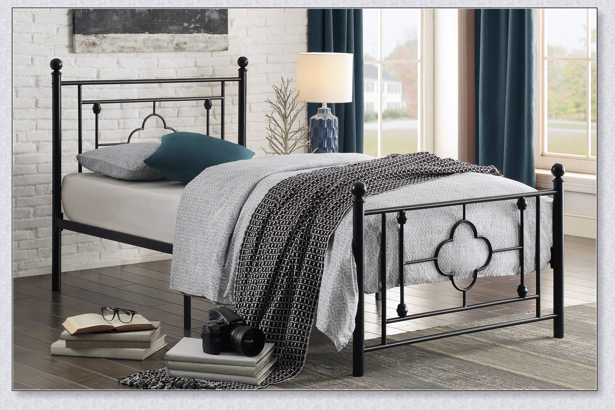 Mercer41 1Pc Platform Bed Black Finish Metal Frame Ball Finials Modern ...