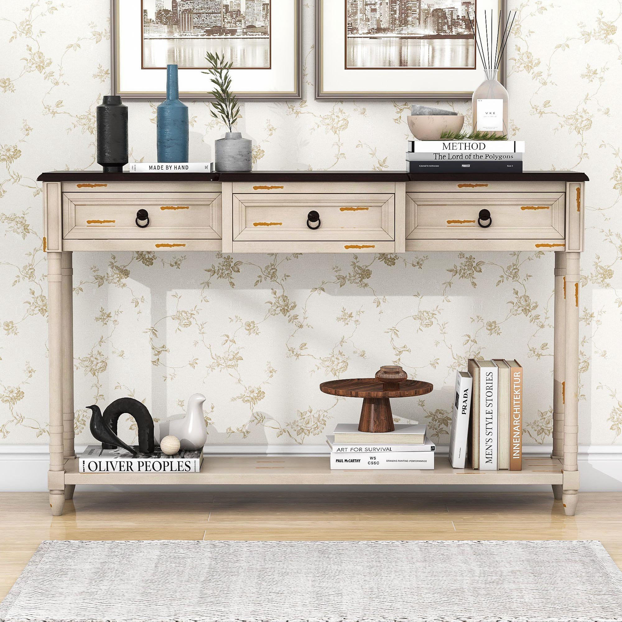 Breakwater Bay Adriannah Console Table with Drawers and Shelf, Rustic ...