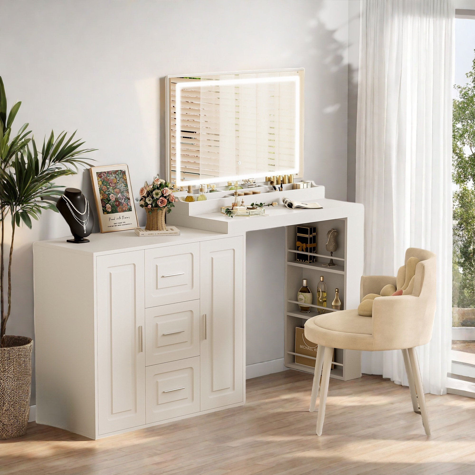 Ivy Bronx Makeup Vanity Desk With Mirror And Lights, A 3-layer Storage ...