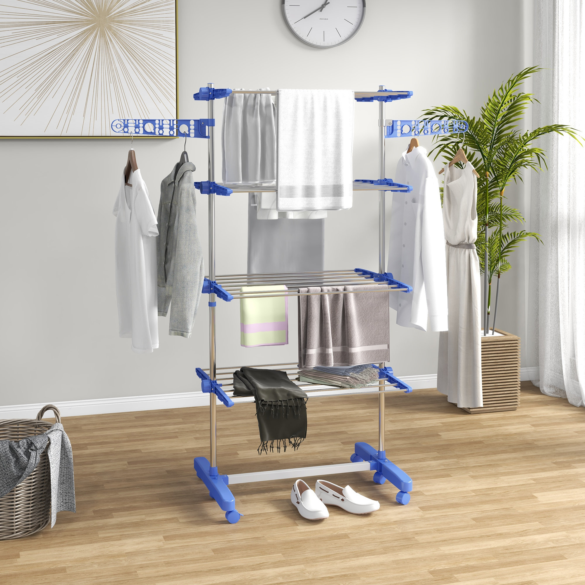 Rebrilliant 4-Tier Clothes Drying Rack with Side Wings Wheels for ...