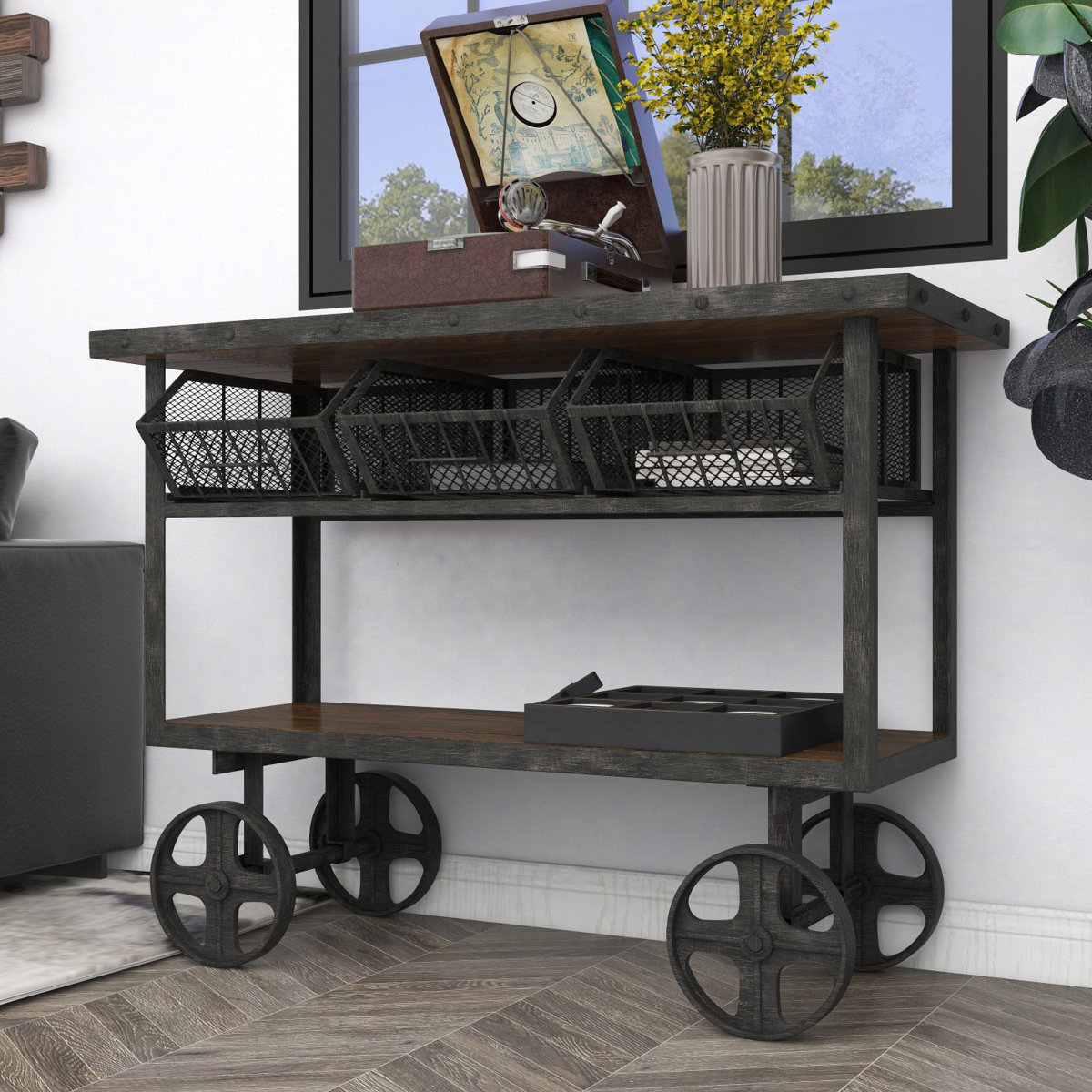 Williston Forge Black Metal Industrial Rolling Cart 3 Basket Drawers ...