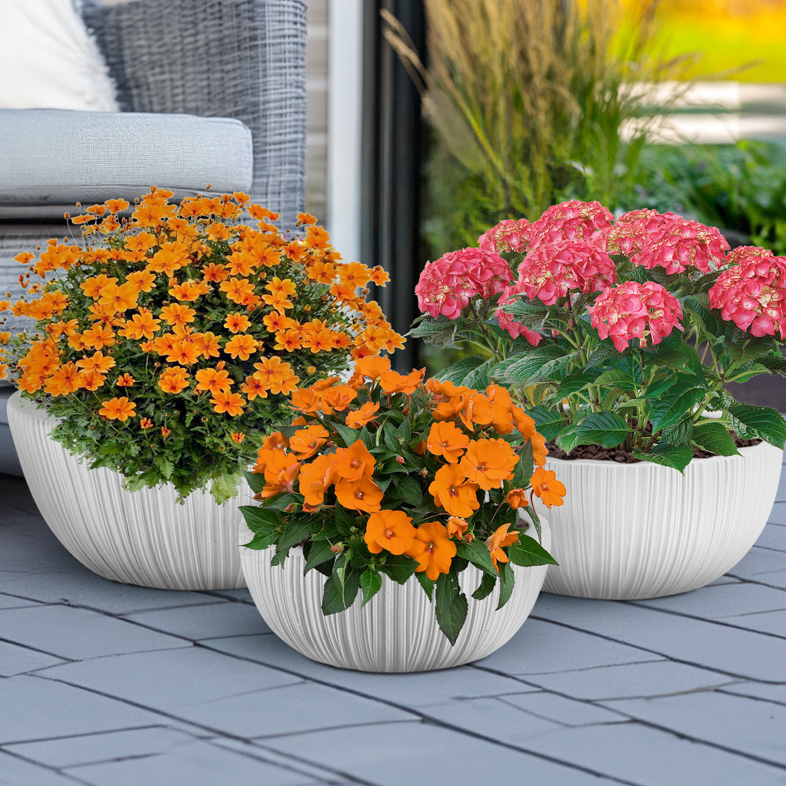 COOLBEBE Planter Pots, 3 Pack Round Concrete Indoor Outdoor Pots with ...