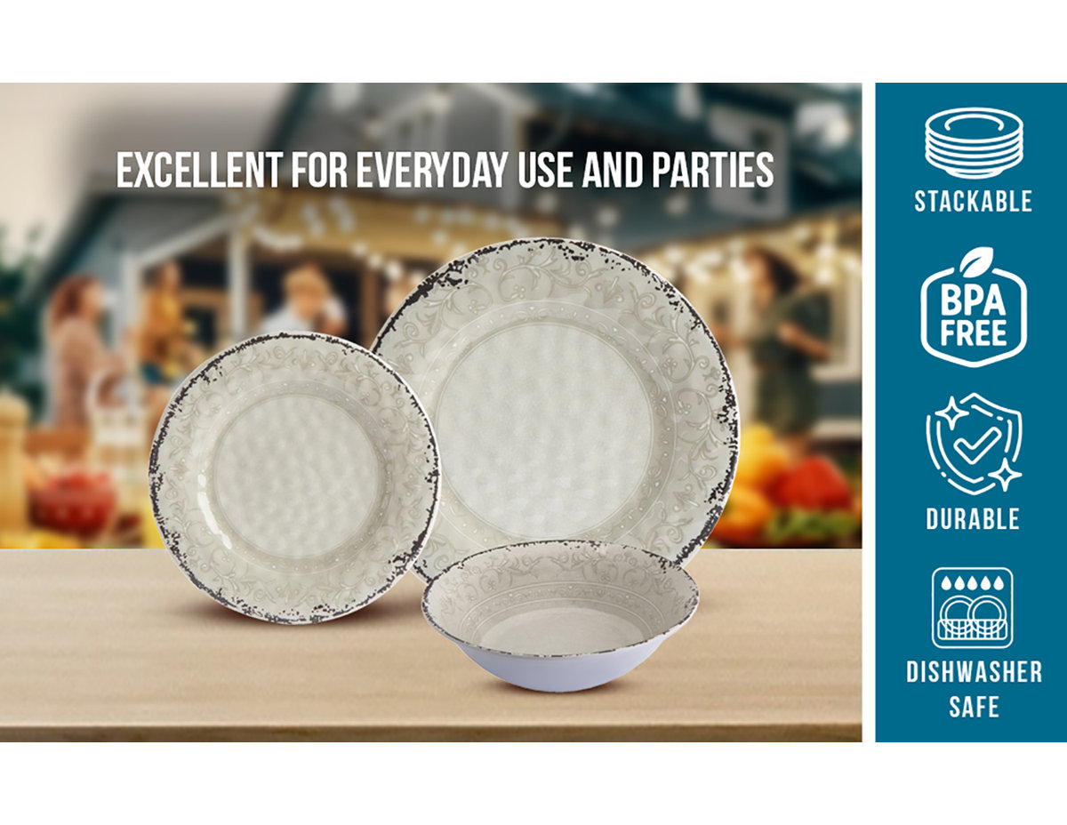 Gracie Oaks 12-Piece Melamine Dinnerware Set, Plates, Dishes, Bowls ...