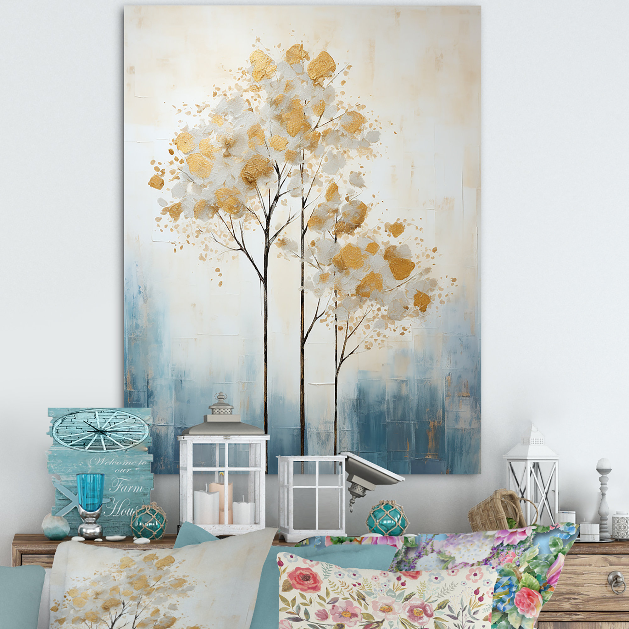 Winston Porter Gold And Blue Trees Harmony I - Tree Canvas Wall Art ...