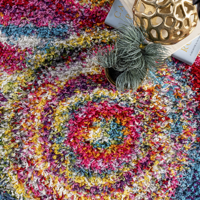 Latitude Run® Verduzco Bohemian Circles Pink/Yellow/Multi Shag Rug ...