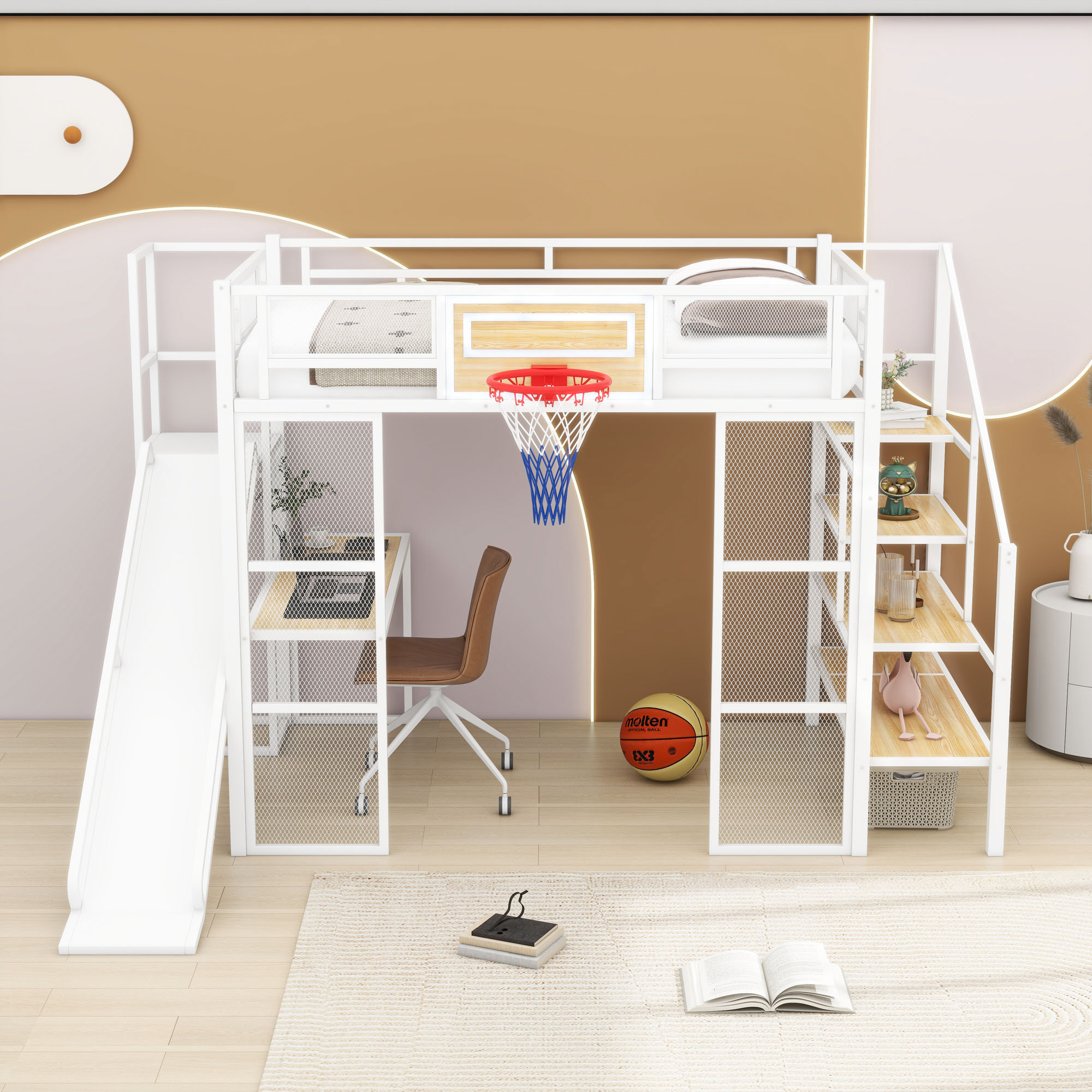 Mason & Marbles Full Metal Loft Bed With Basketball Hoop, Slide, Desk ...