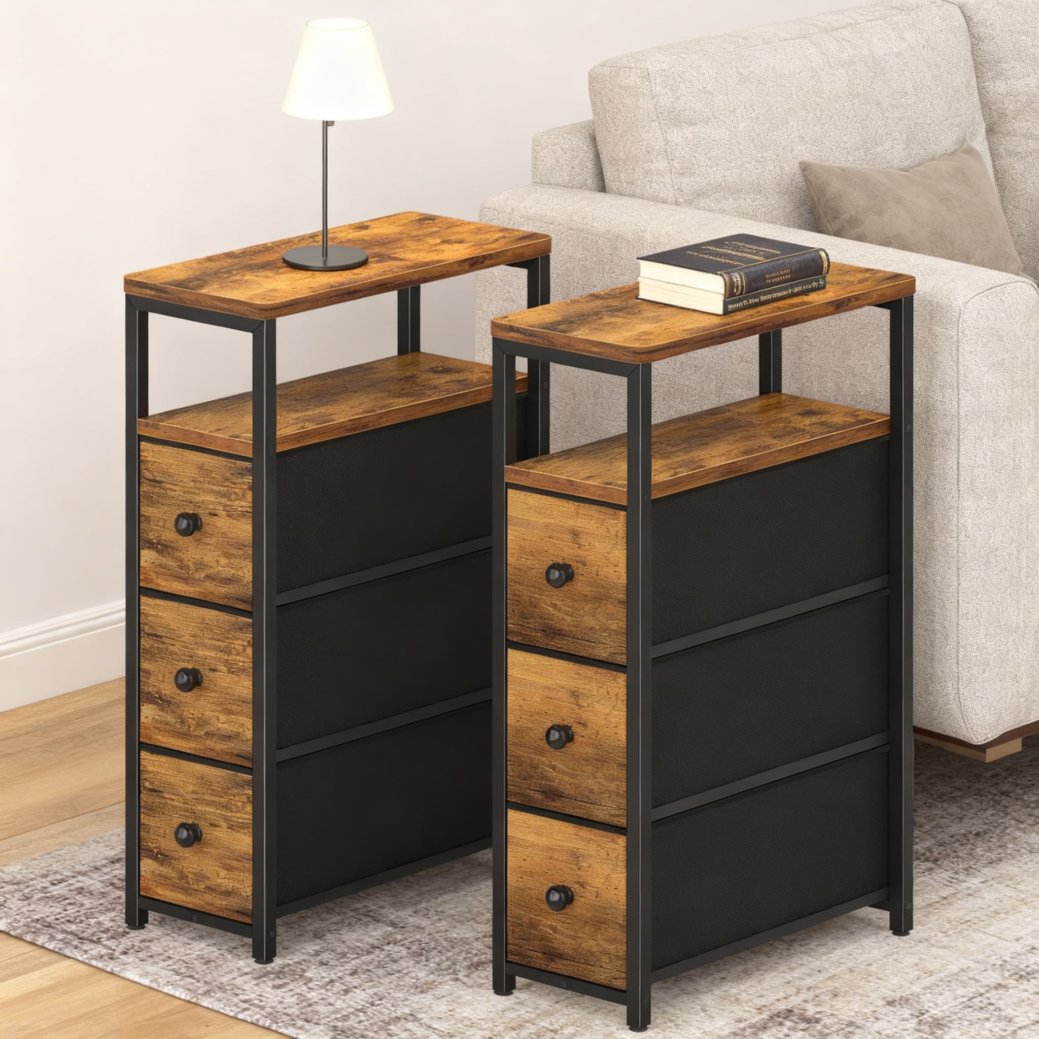 17 Stories Narrow Nightstand Set Of 2, Slim Bedside Table With 3 ...