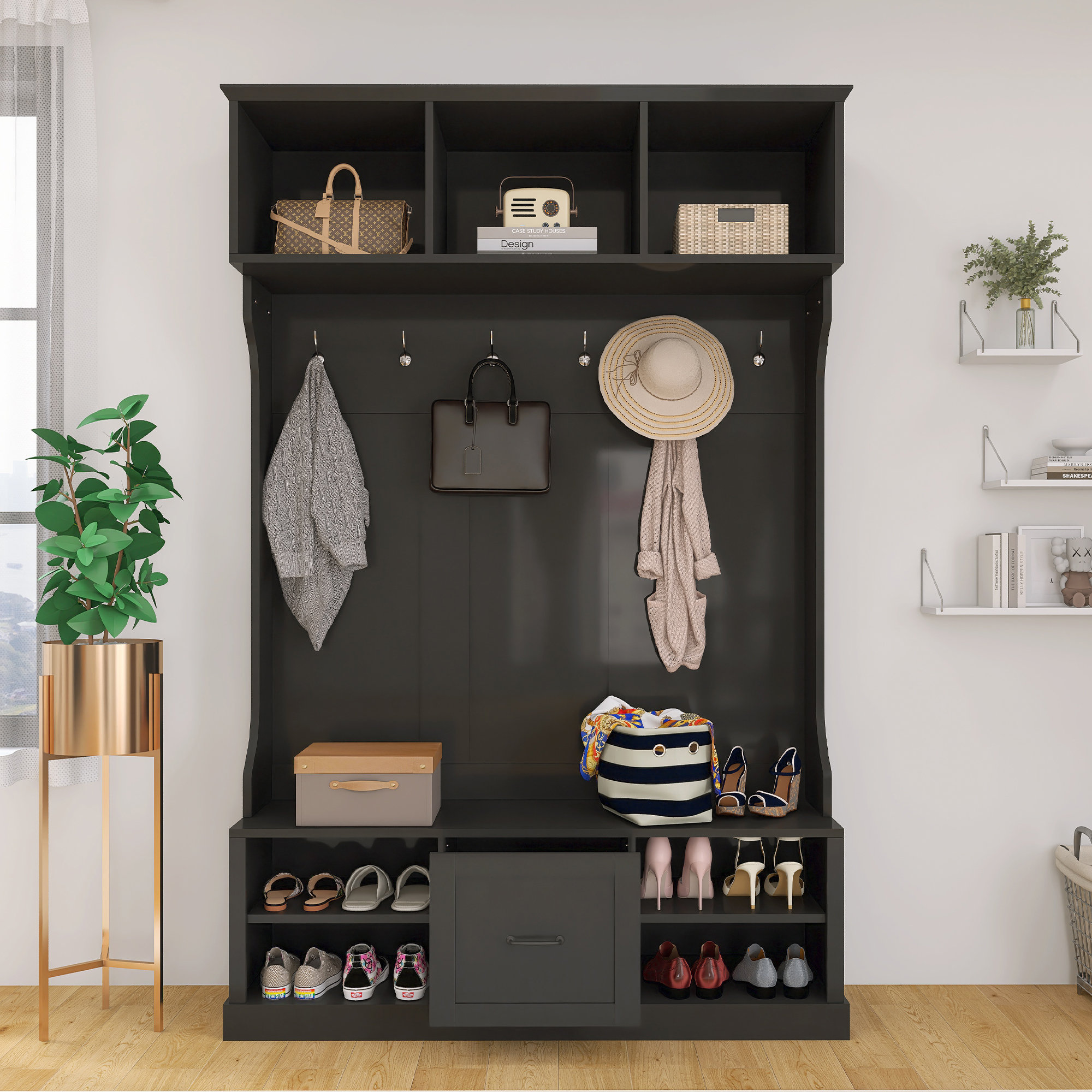Red Barrel Studio MDF Hall Tree With 6 Hooks, Coat Hanger, Entryway ...
