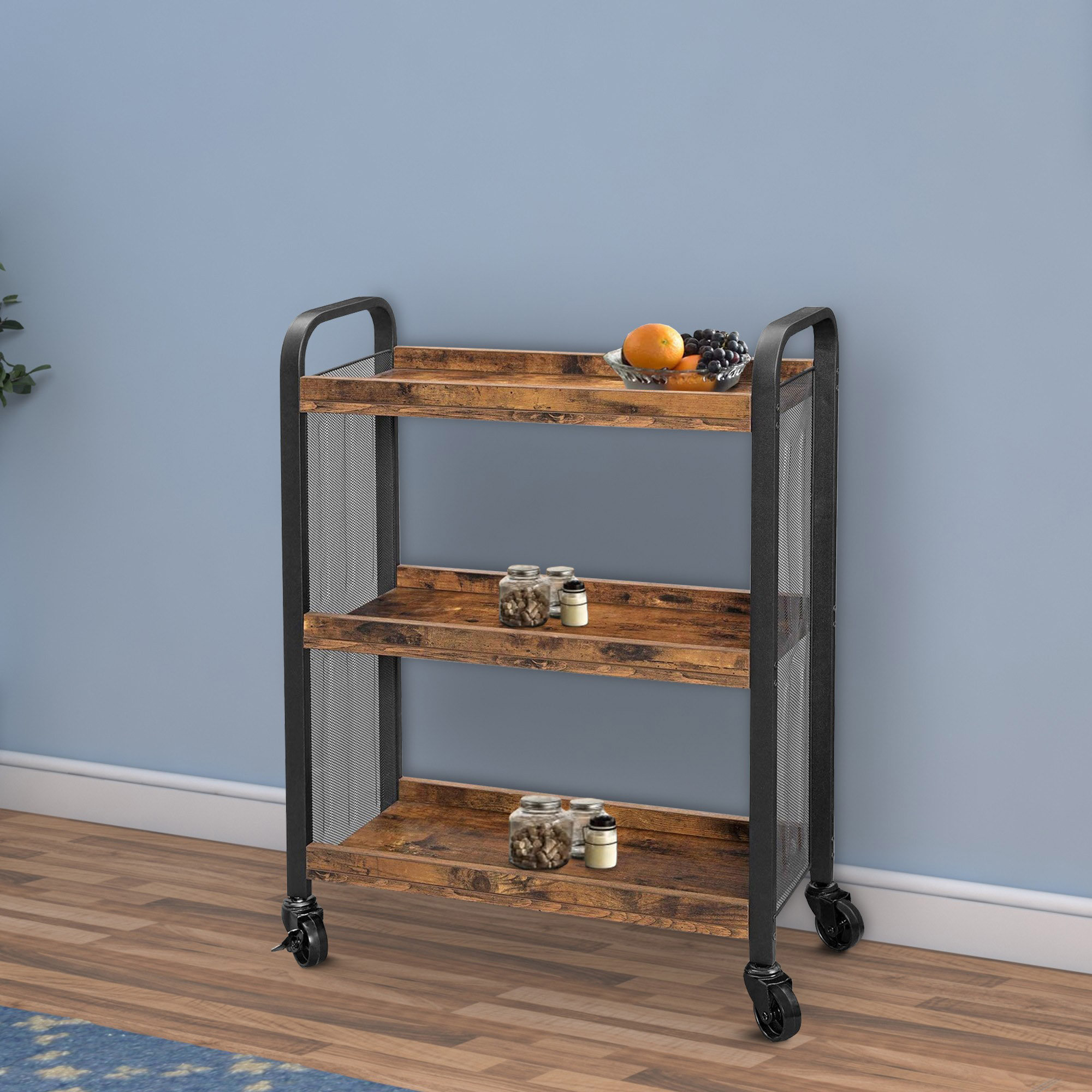 17 Stories 3 Tier Wood And Metal Kitchen Cart With Mesh Side Panel ...