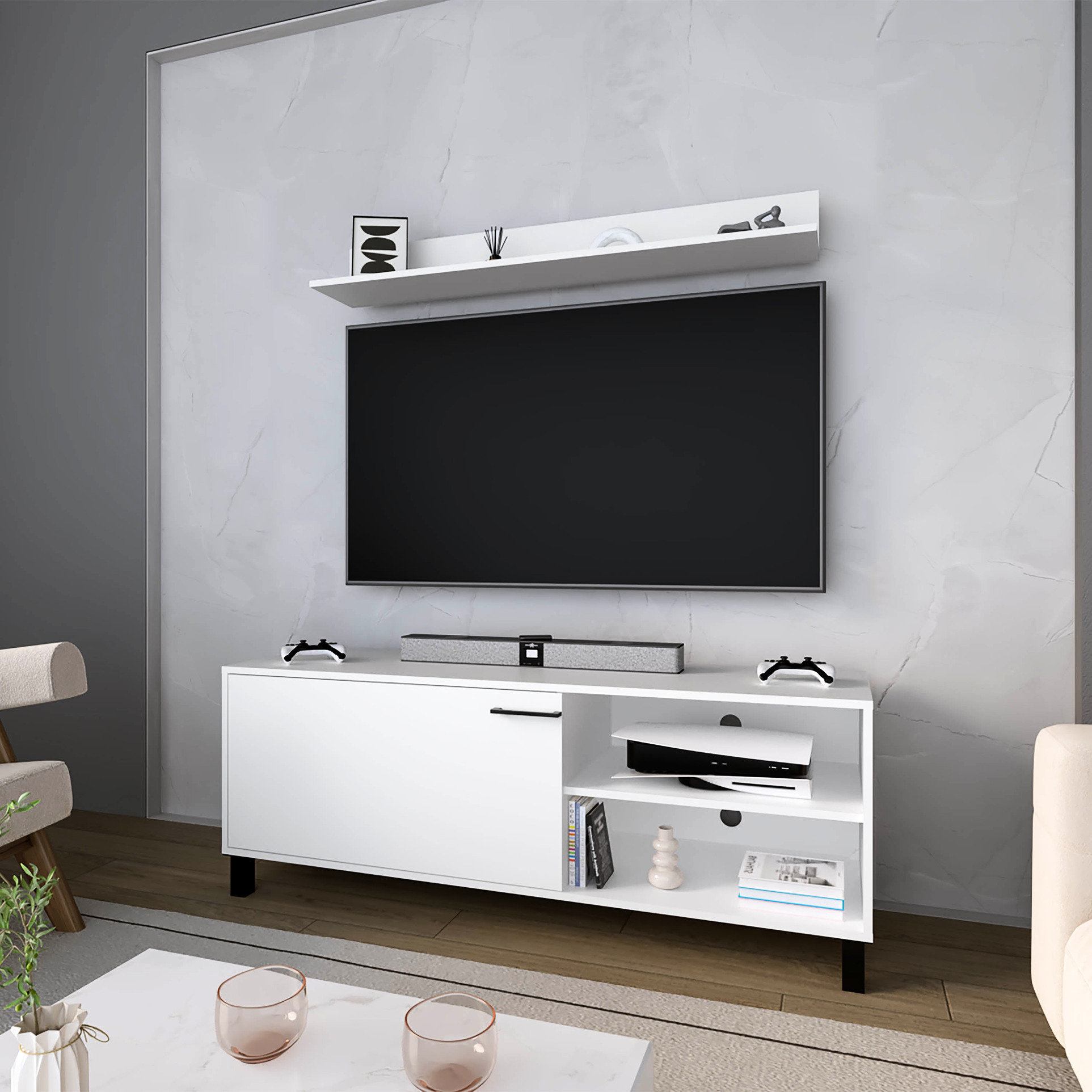 George Oliver Tv Stand In White With Open Storage For Display And 1 ...