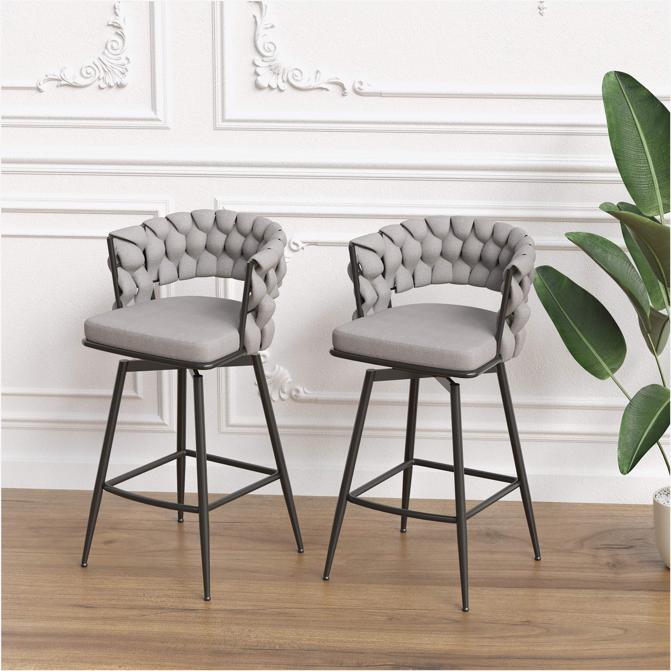 Everly Quinn 28" Bar Chair Linen Woven Bar Stool Set of 2,Black legs ...