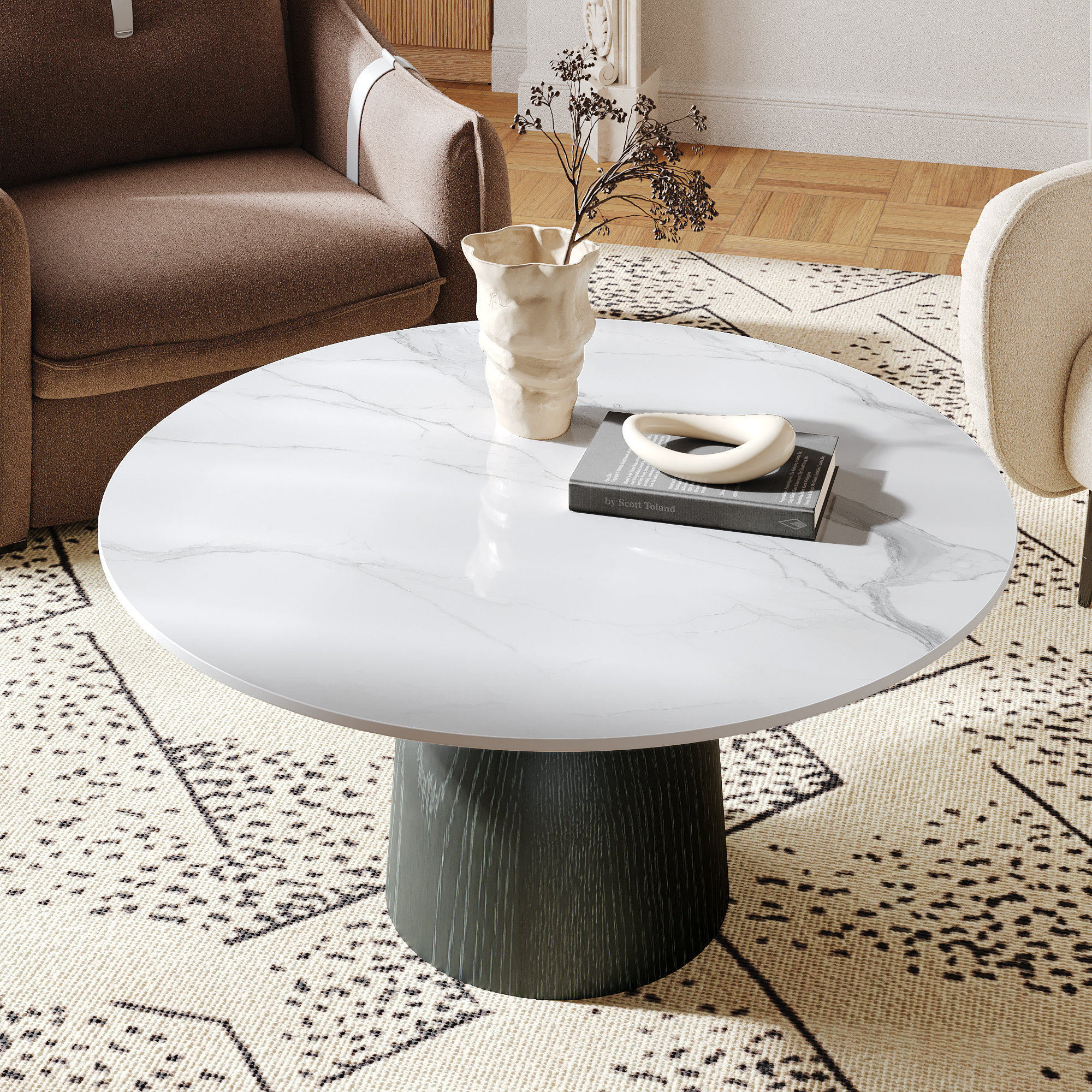 Hokku Designs Round Sintered Stone Coffee Table With Black Solid Wood ...