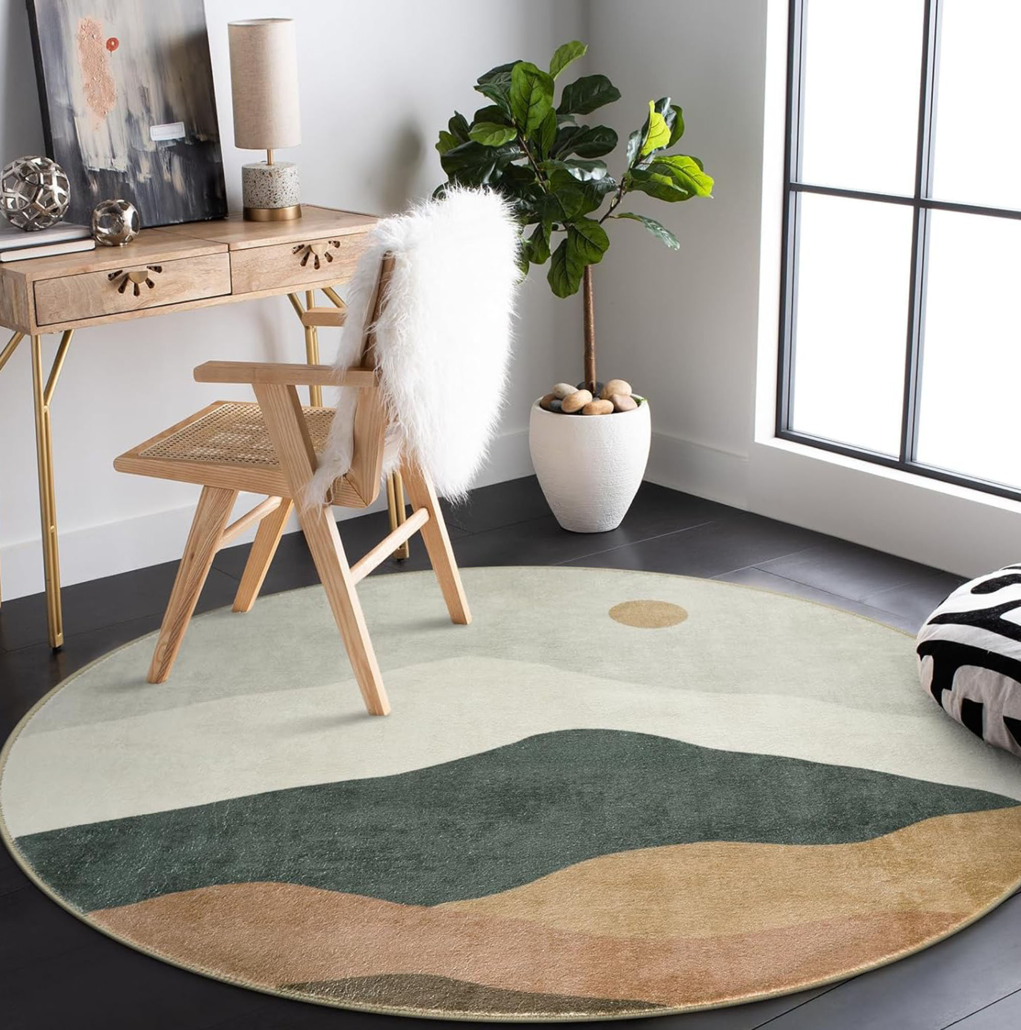 Wrought Studio™ 4Ft Round Rug,Soft Washable Non-Slip Sun And Mountain ...