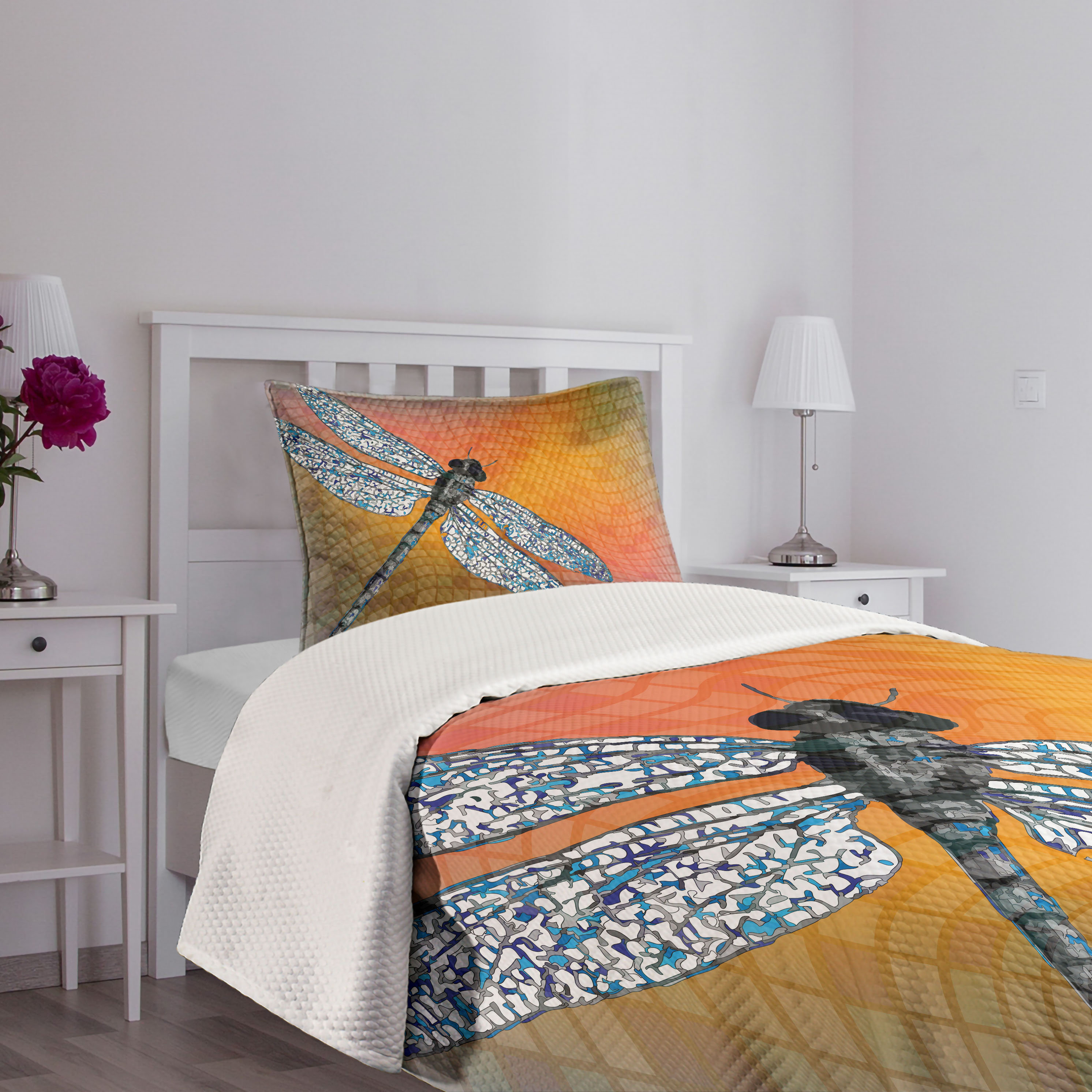 Ambesonne Orange Bedspread Set Drangonfly Digital Theme Multicolor ...