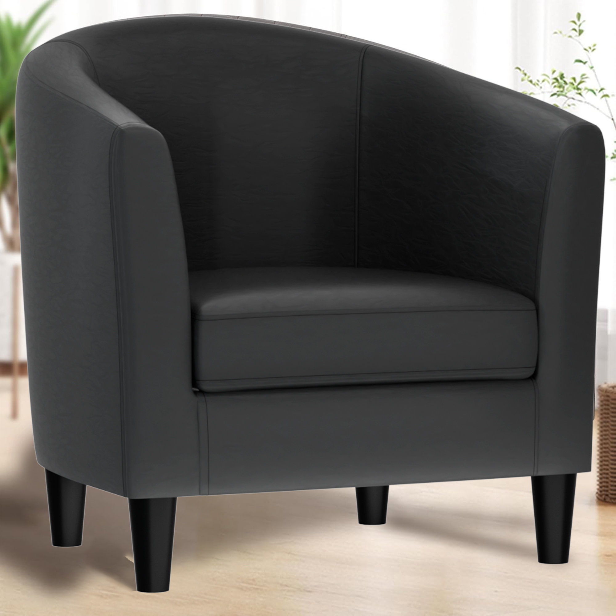 Ebern Designs Accent Barrel Chair, Faux Leather Round Living Room Chair ...