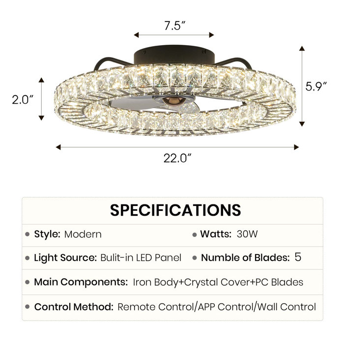 Mercer41 22" Hudman Dimmable Crystal Ceiling Fan with LED Lights ...