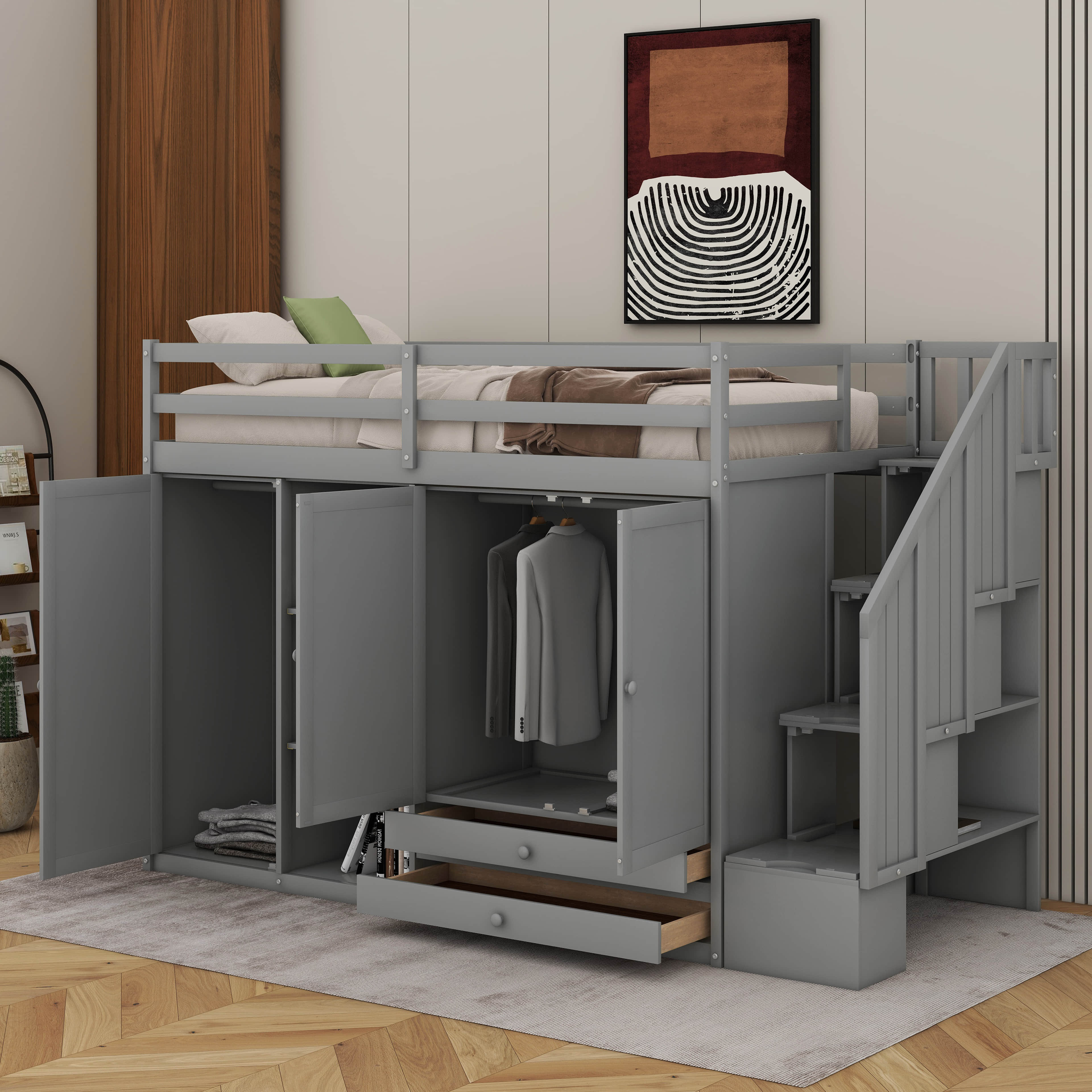 Latitude Run® Twin Size Functional Loft Bed With 3 Shelves, 2 Wardrobes ...