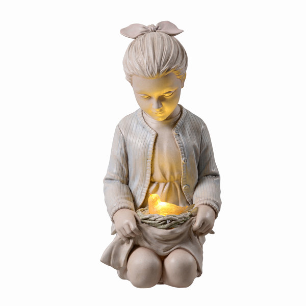 Hi-Line Gift Ltd. Sitting Girl W/ Bird Nest Lighted Garden Statue Solar ...