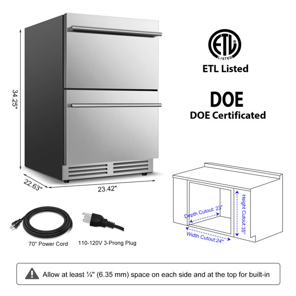 Tittla 24" Beverage Refrigerator Double Drawer 180 Cans Built-In ...