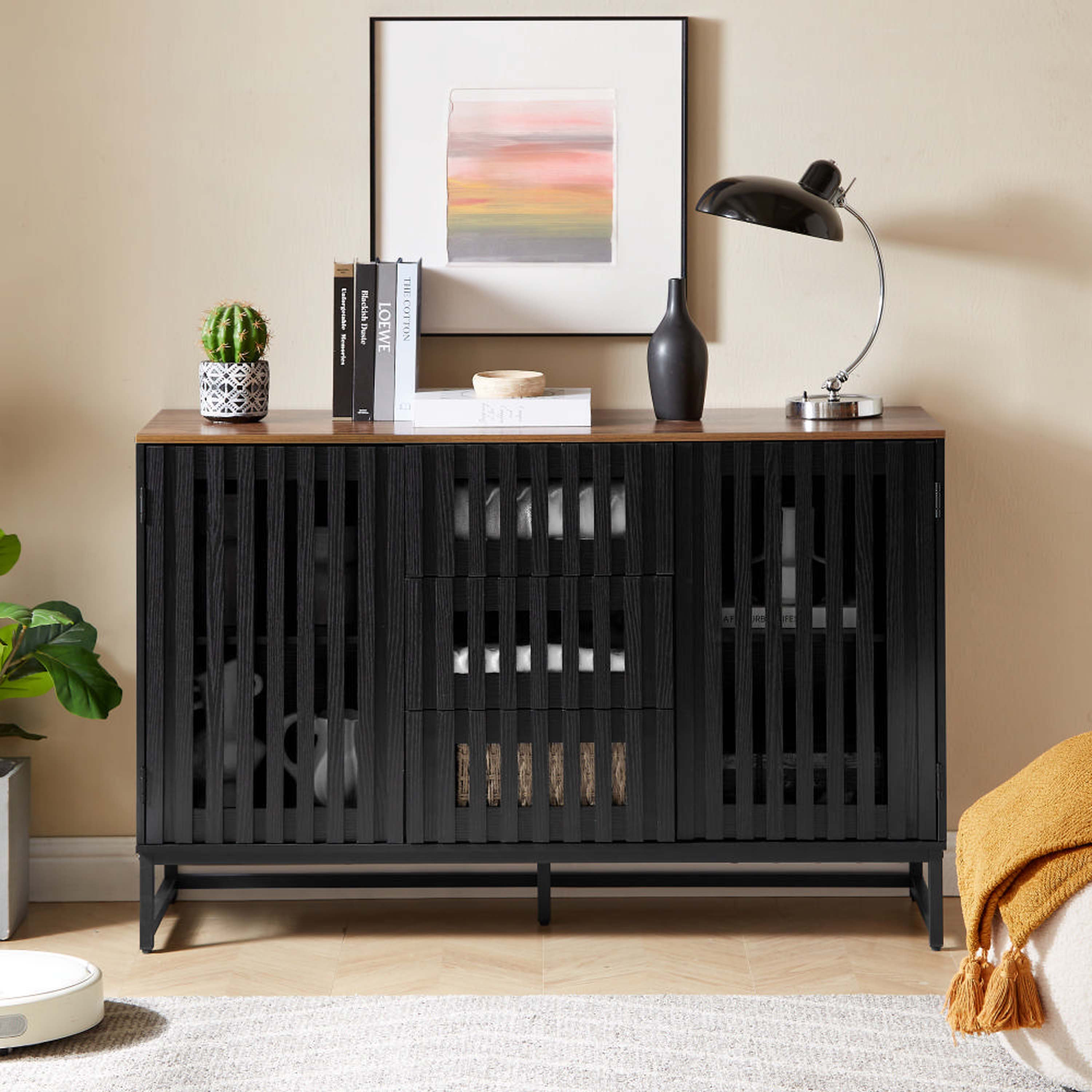 Ebern Designs 3 Drawer and 4 Shelves Dresser with Slatted Grille ...