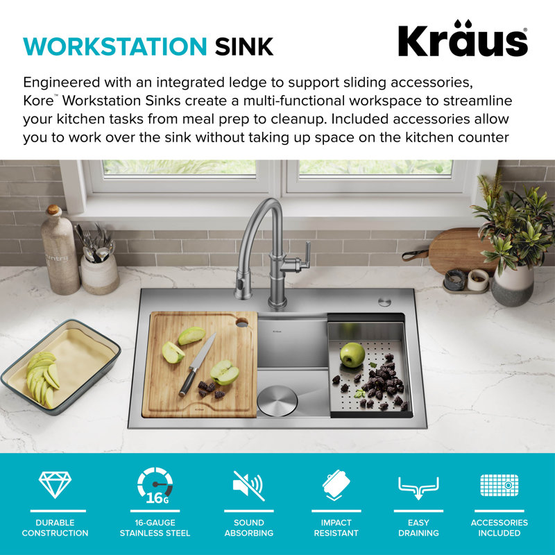 KRAUS Kore™ Workstation 32-inch L Drop-In Single Bowl Stainless Steel ...