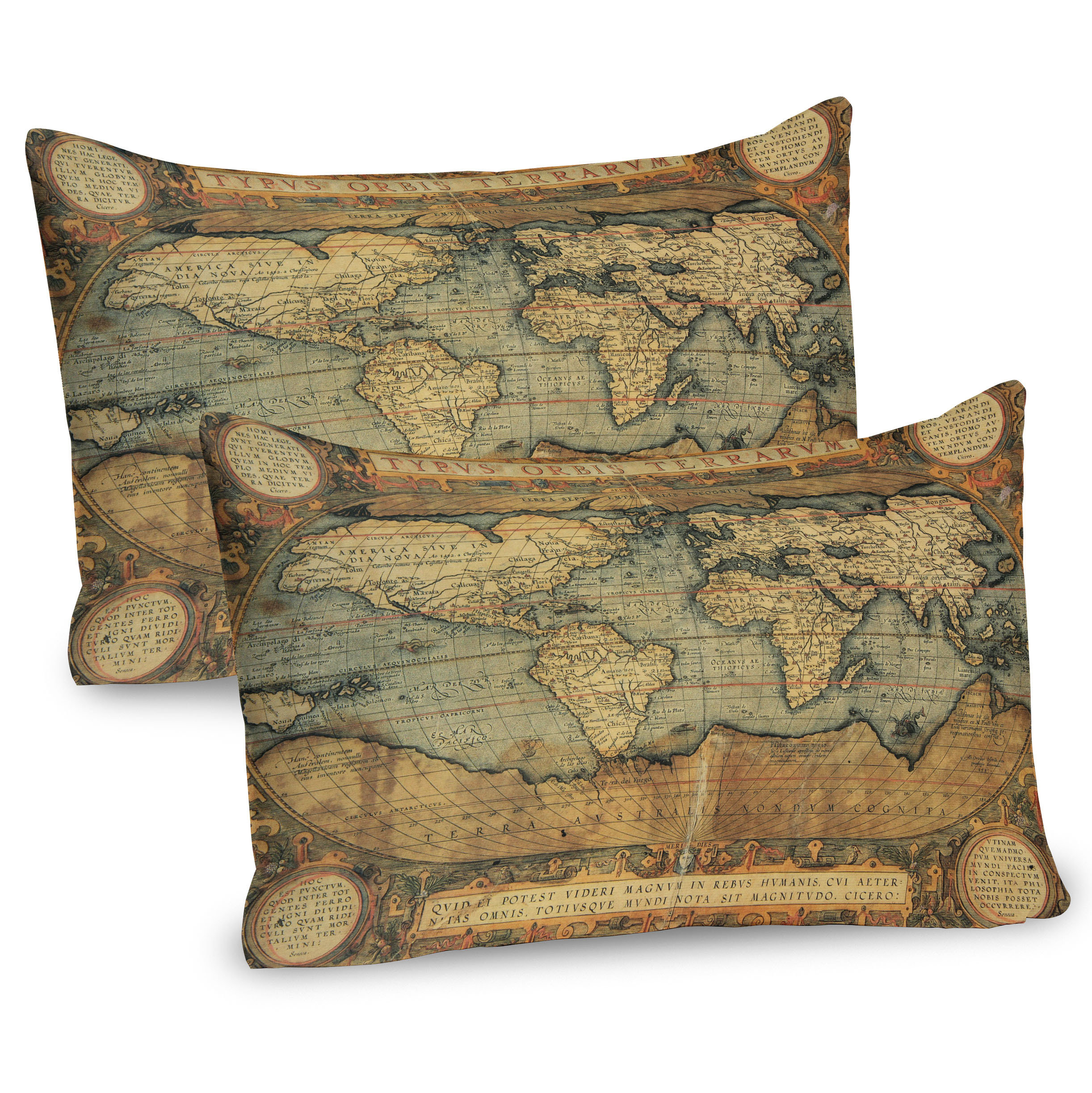 Ambesonne World Map Pillow Sham 2 Pack Retro Atlas Illustration Sand ...
