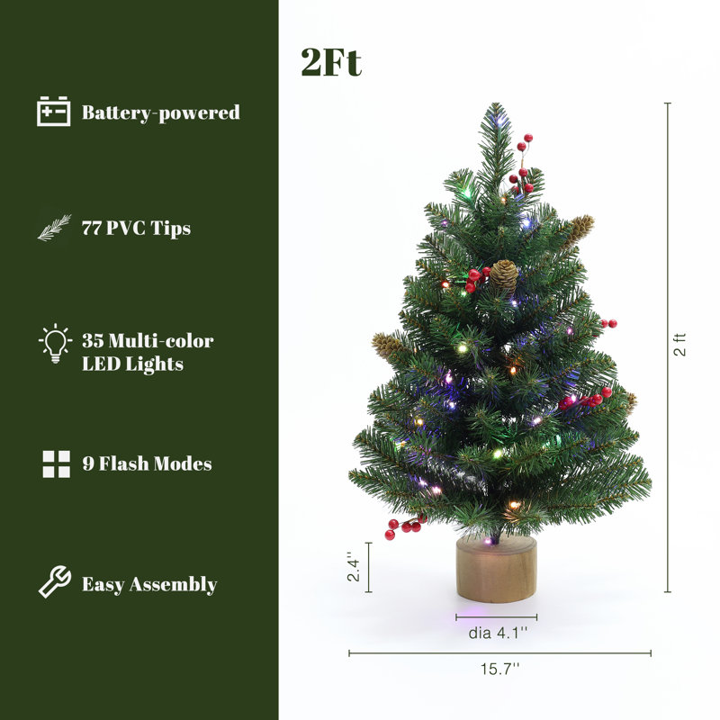 Charlton Home® 2Ft Artificial Pine Tree Potted with Multi-Color Lights ...