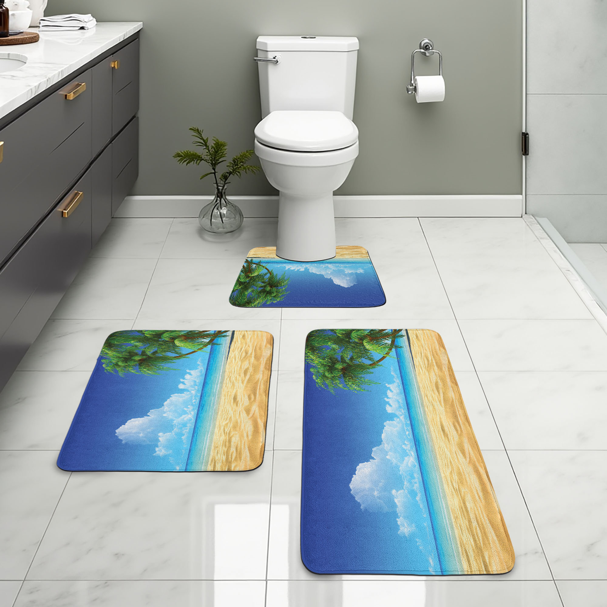 East Urban Home Palm Tree Bathroom Rug Set 3 Pieces U-Shape & Rectangle ...