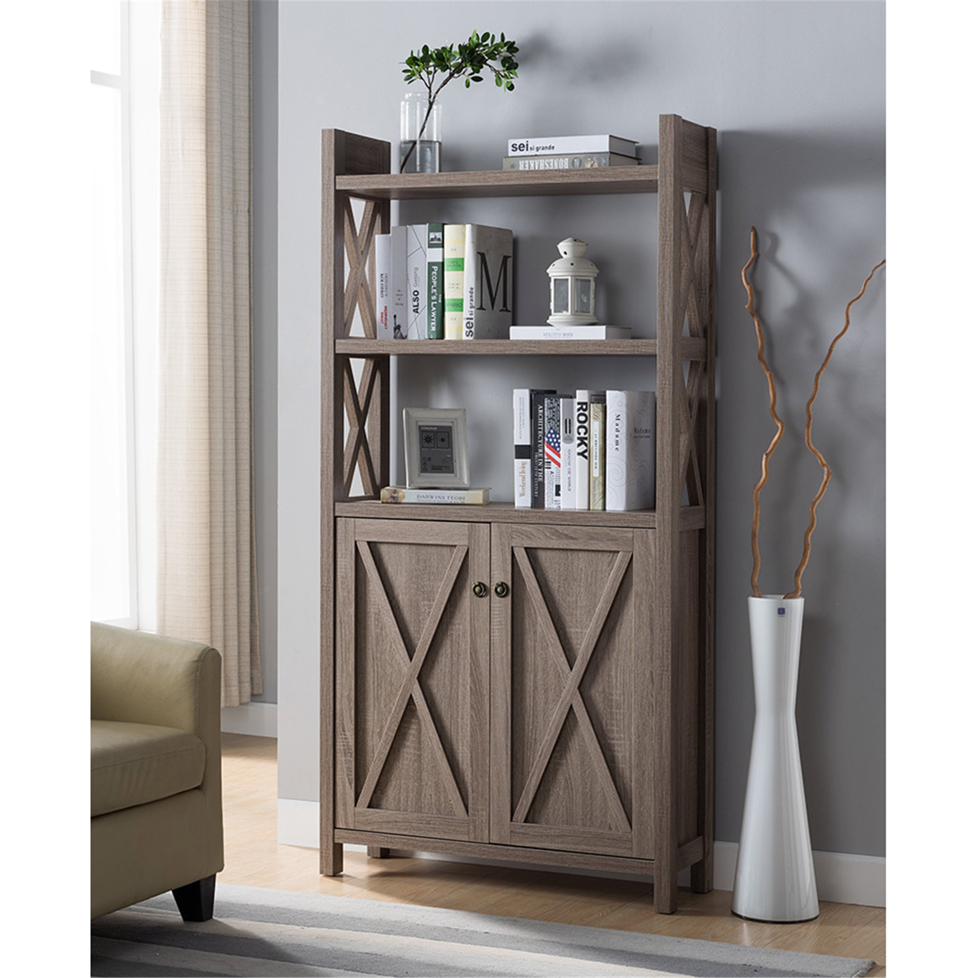 Latitude Run® Wooden Display Cabinet, Storage Cabinet With Open Shelves ...