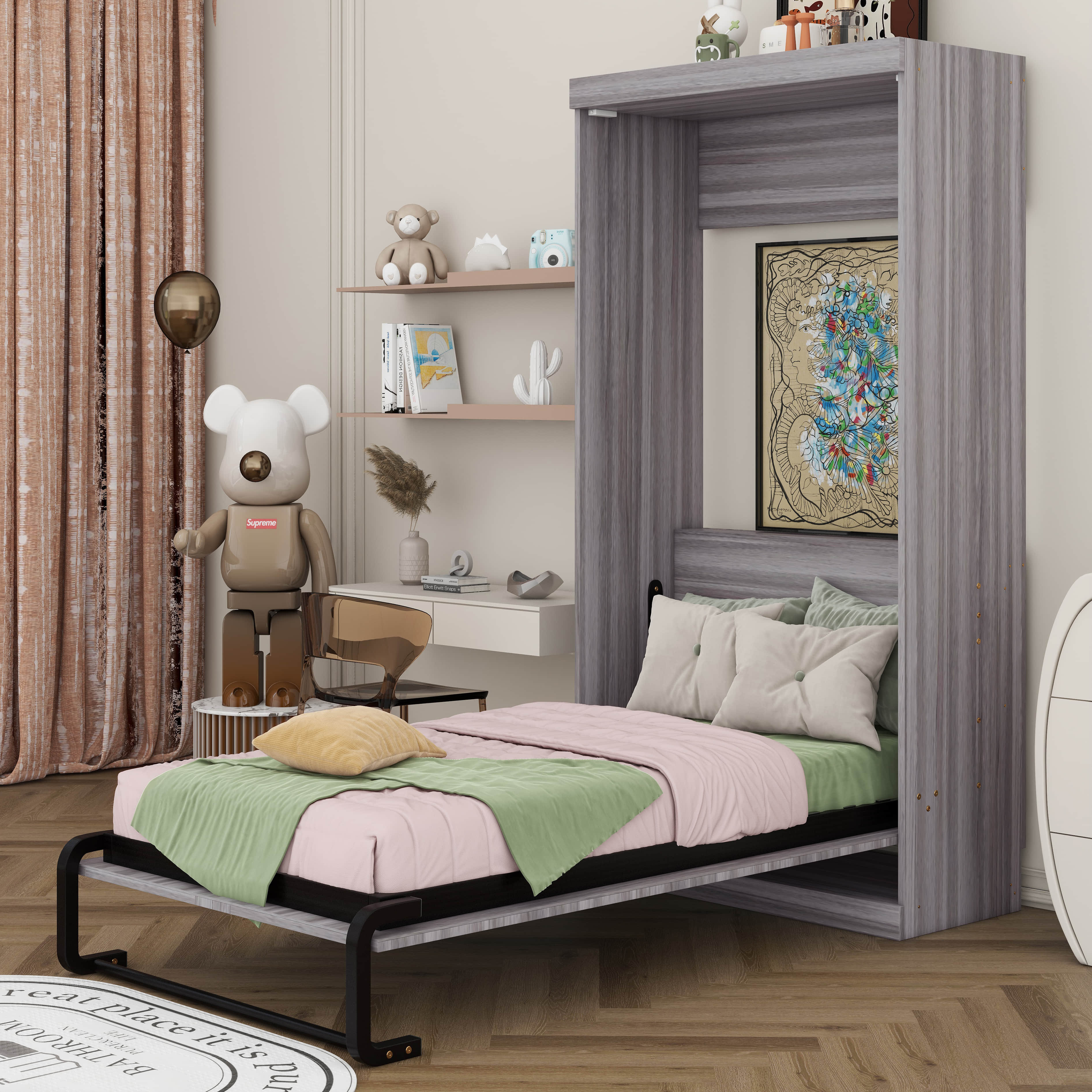 Everly Quinn Twin Size Murphy Bed, Murphy Bed Wardrobe Wall Bed, Wood ...