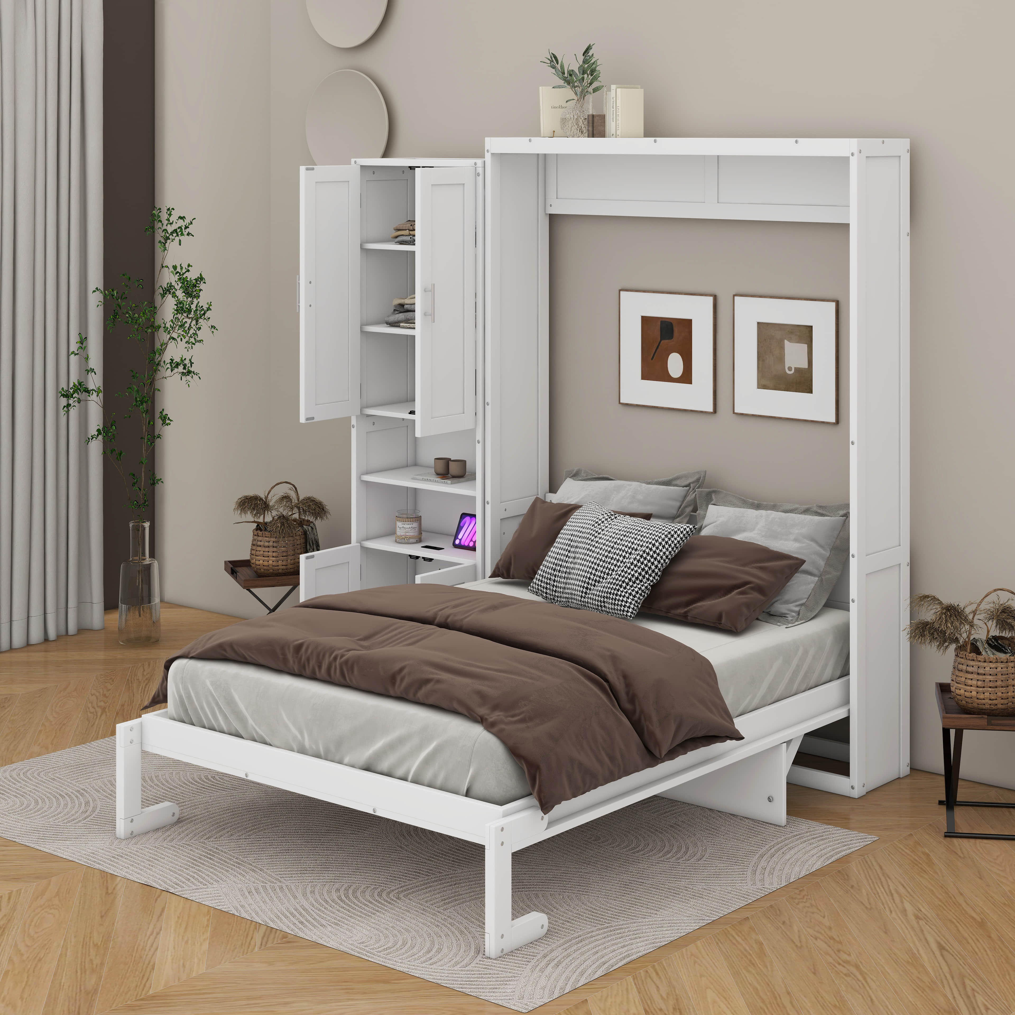 Hokku Designs Full Size Murphy Bed With 1 Side Cabinet Storage Shelf ...