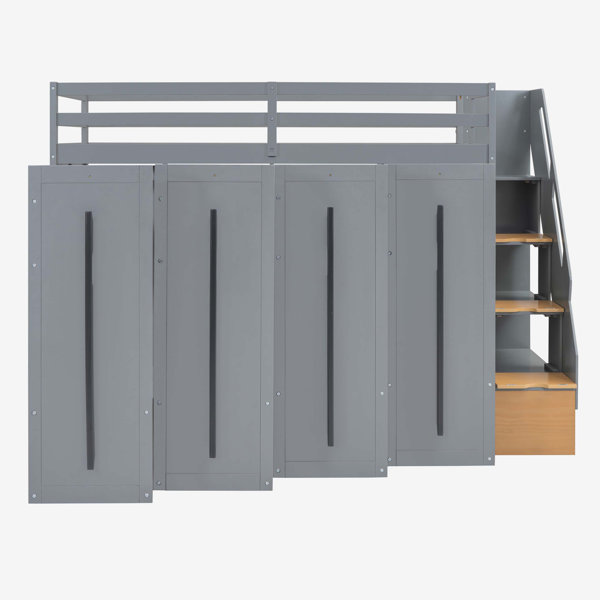 Rongeng Modern Loft Bed with Two-Tone Storage Stairs and Pull-Out ...