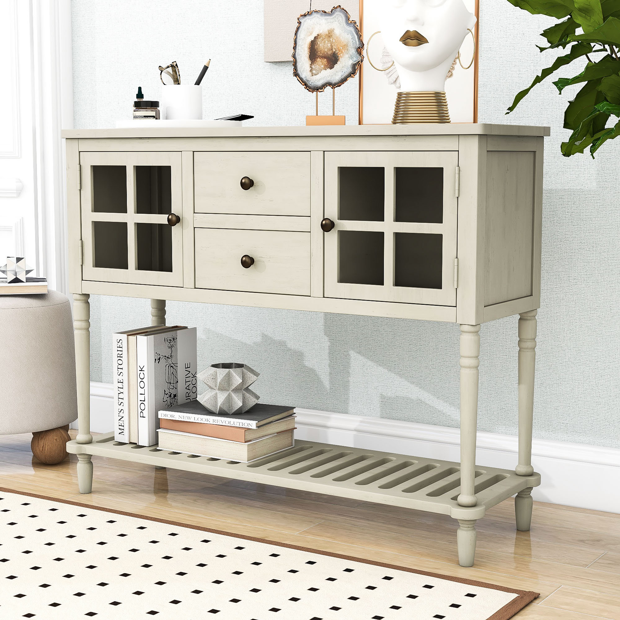 Alcott Hill Farmhouse Sideboard Console Table with Glass Cabinets ...