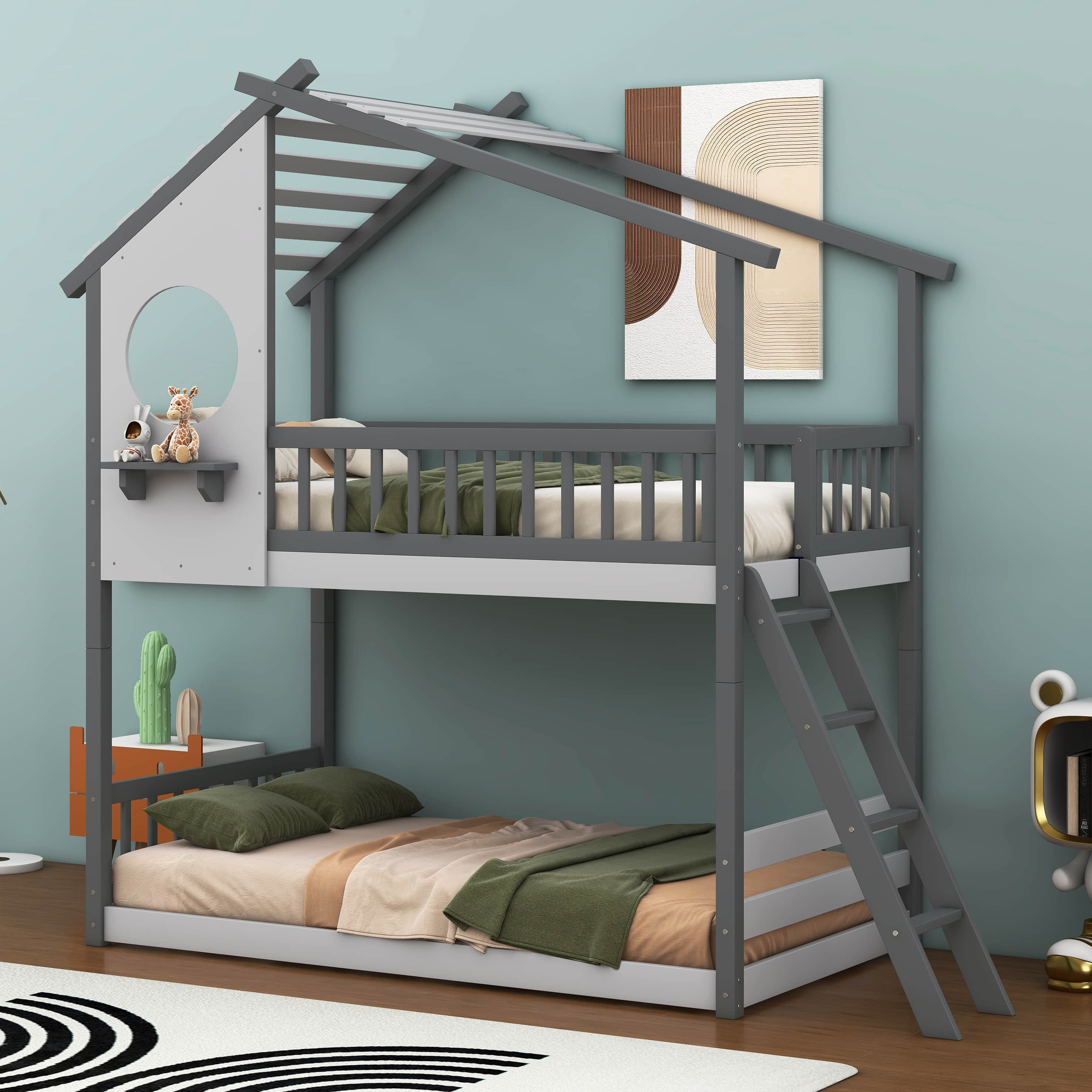 Harper Orchard Alhareth Twin Over Twin Bunk Bed Wood Bed with Roof ...