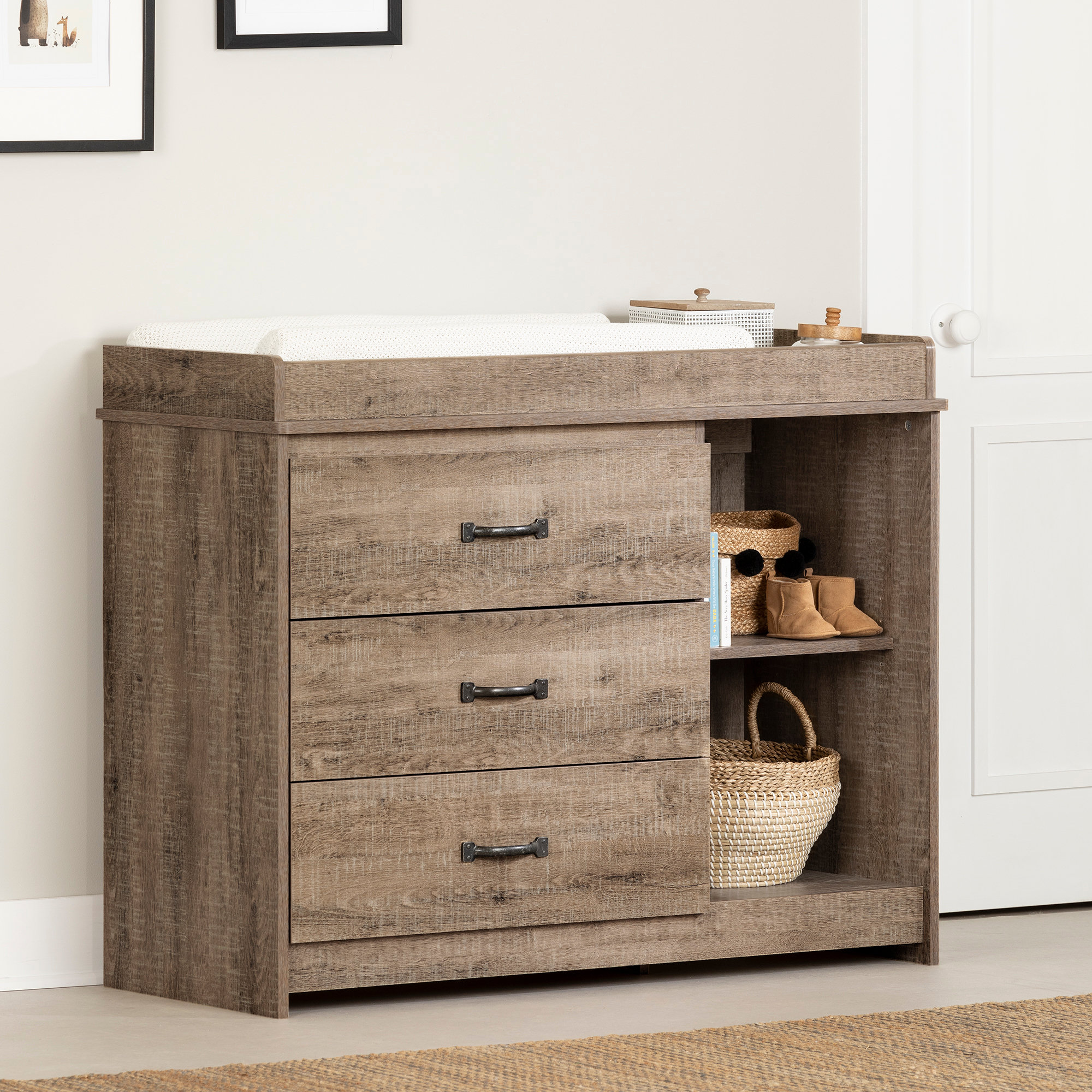 South Shore Tassio Wide Changing Table with Drawers Weathered Oak ...