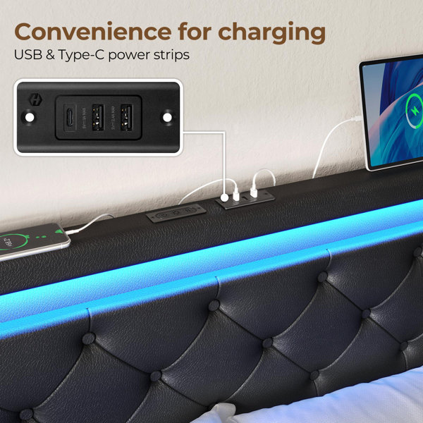 Ivy Bronx Komor Upholstered Storage Bed with Charging Station and LED ...