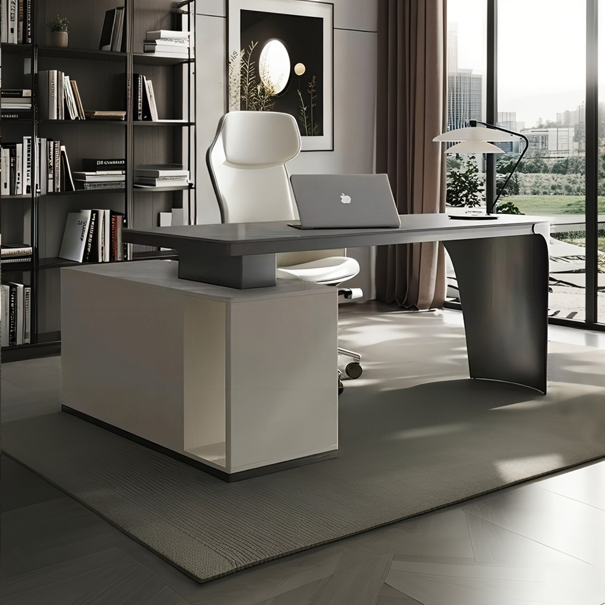 Brass Foam Gray L-shape Sintered Stone Executive Desk with and Cabinet ...