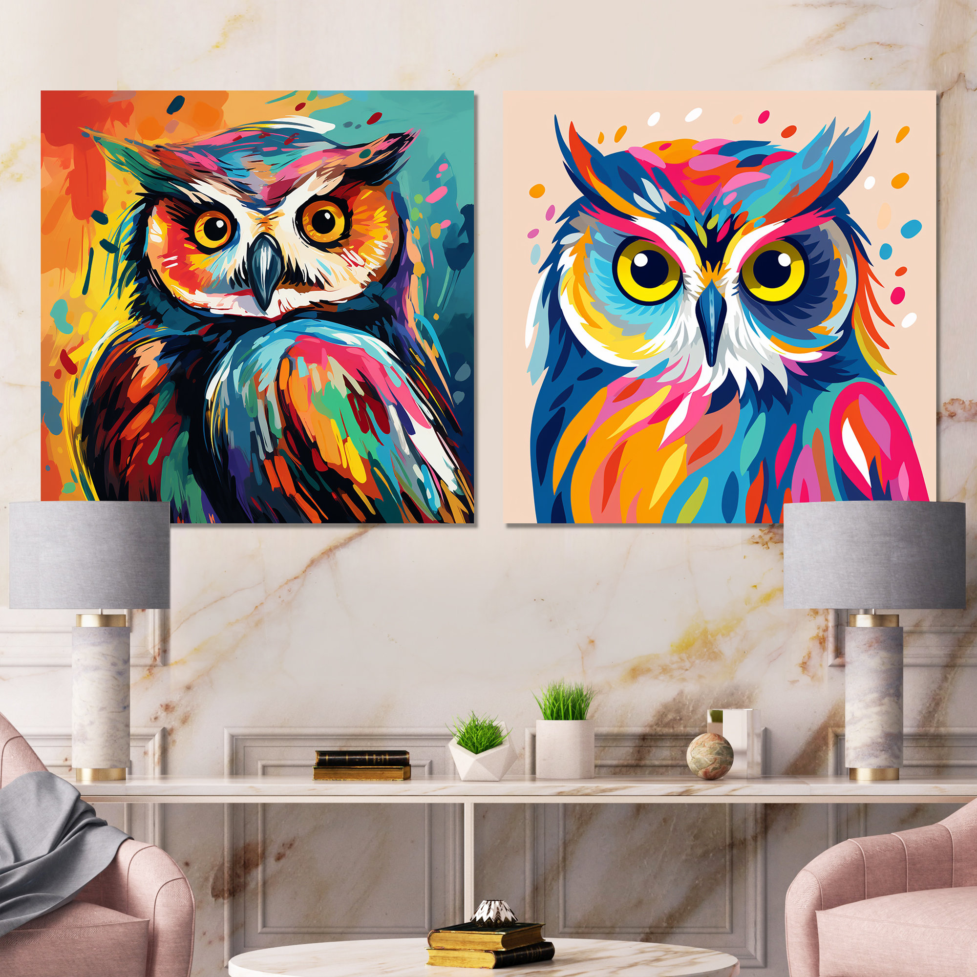 Millwood Pines Colorful Owl Popart Watchers I - Owl Canvas Prints Set ...