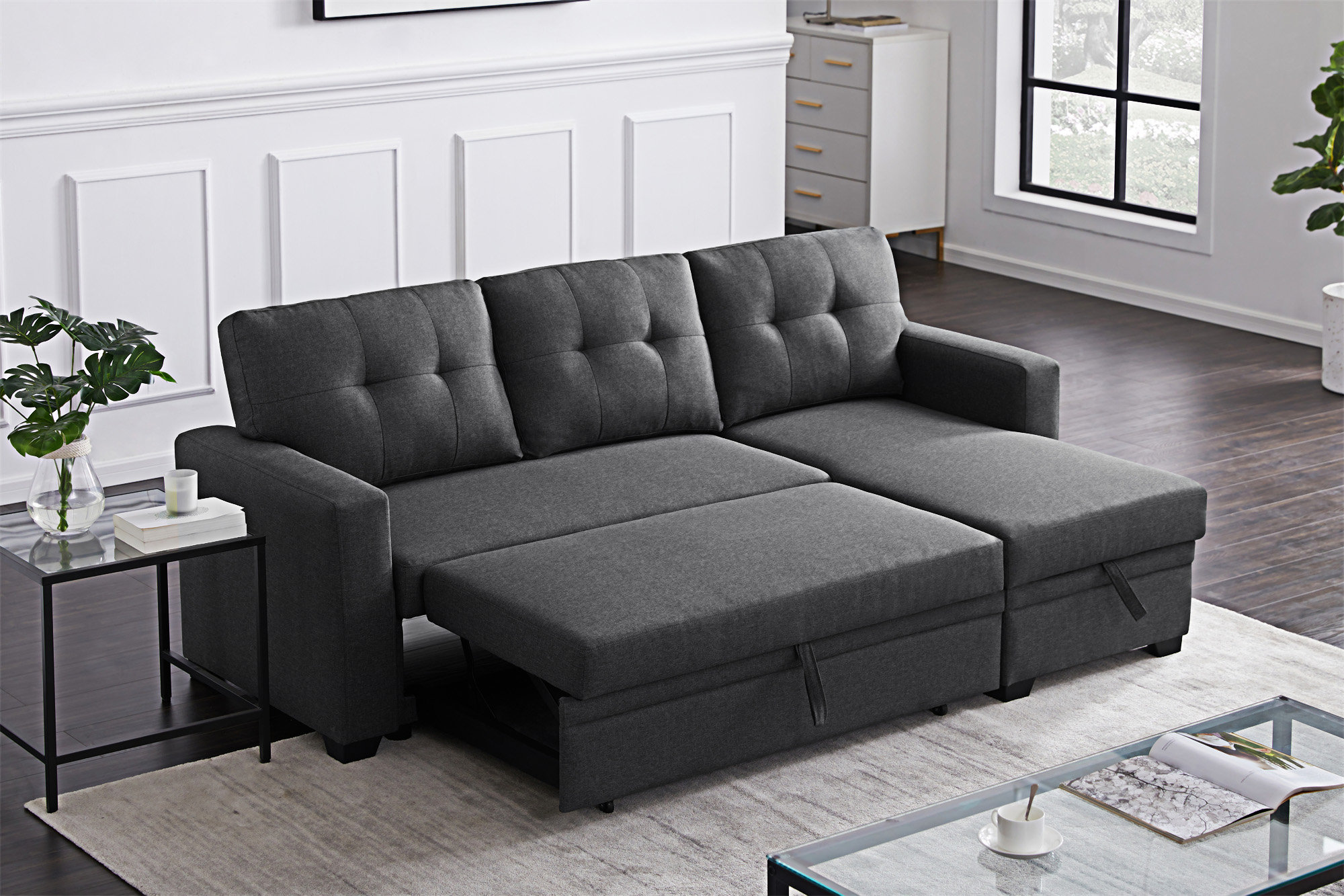 Latitude Run® Upholstered Pull Out Sectional Sofa With Chaise | Wayfair