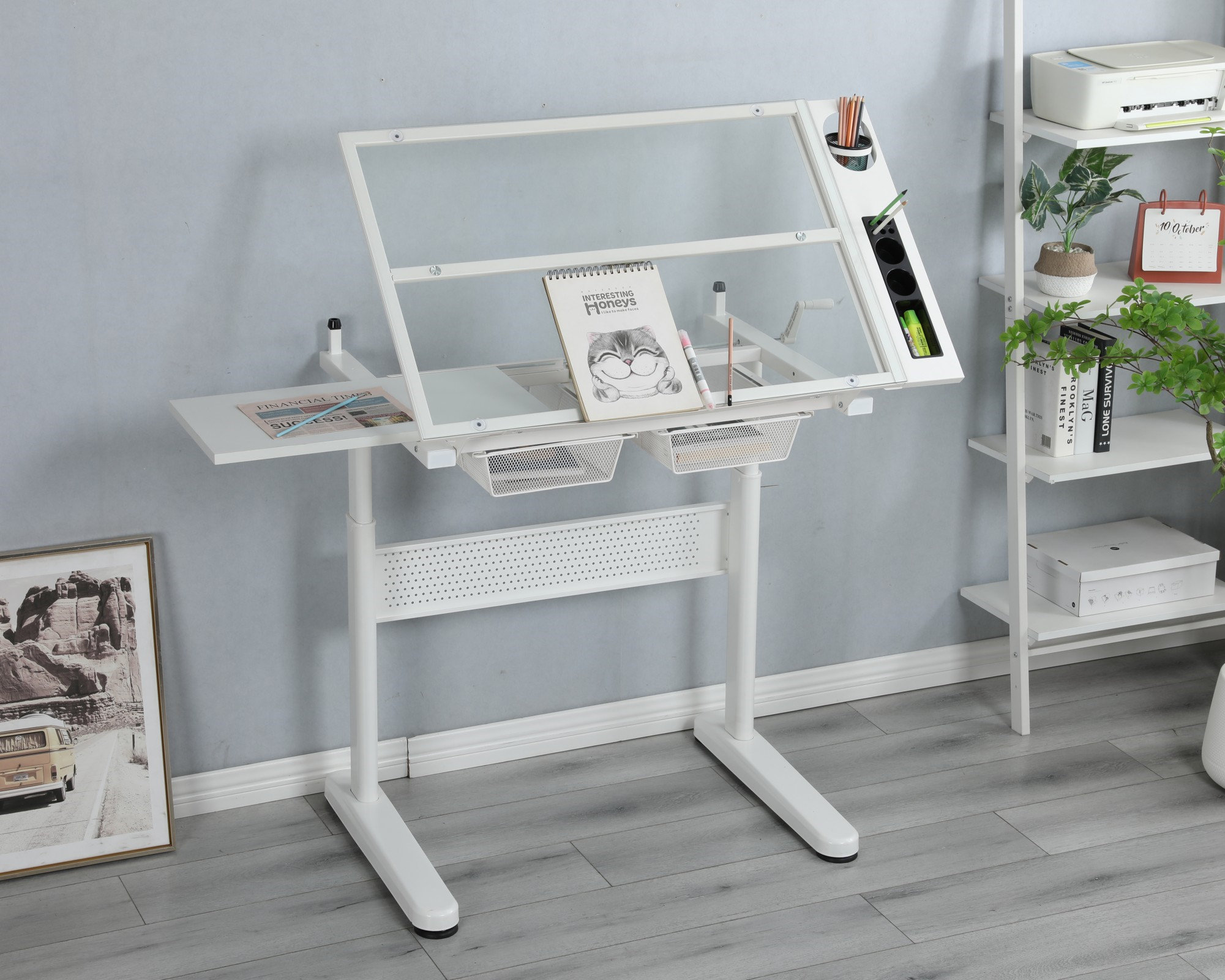 Inbox Zero Hand crank adjustable drafting table drawing desk with 2 ...