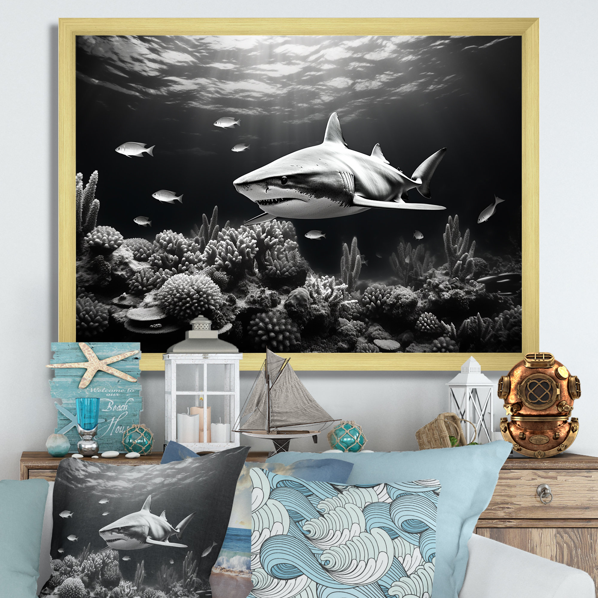 Highland Dunes Black And White Shark S Graceful Glide On Canvas Print ...