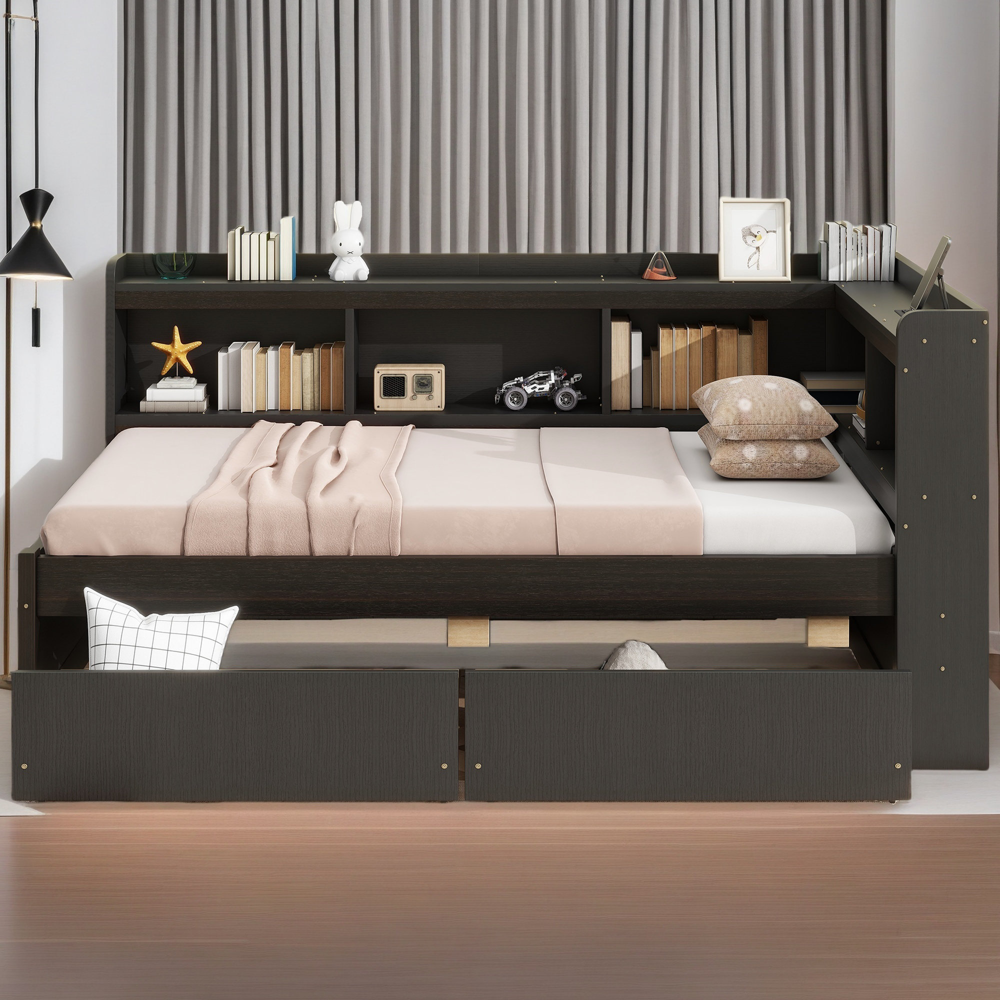 Red Barrel Studio® L-Shaped Bookcases Bed With Power Outlets, USB Charging Ports,Two Drawers ...