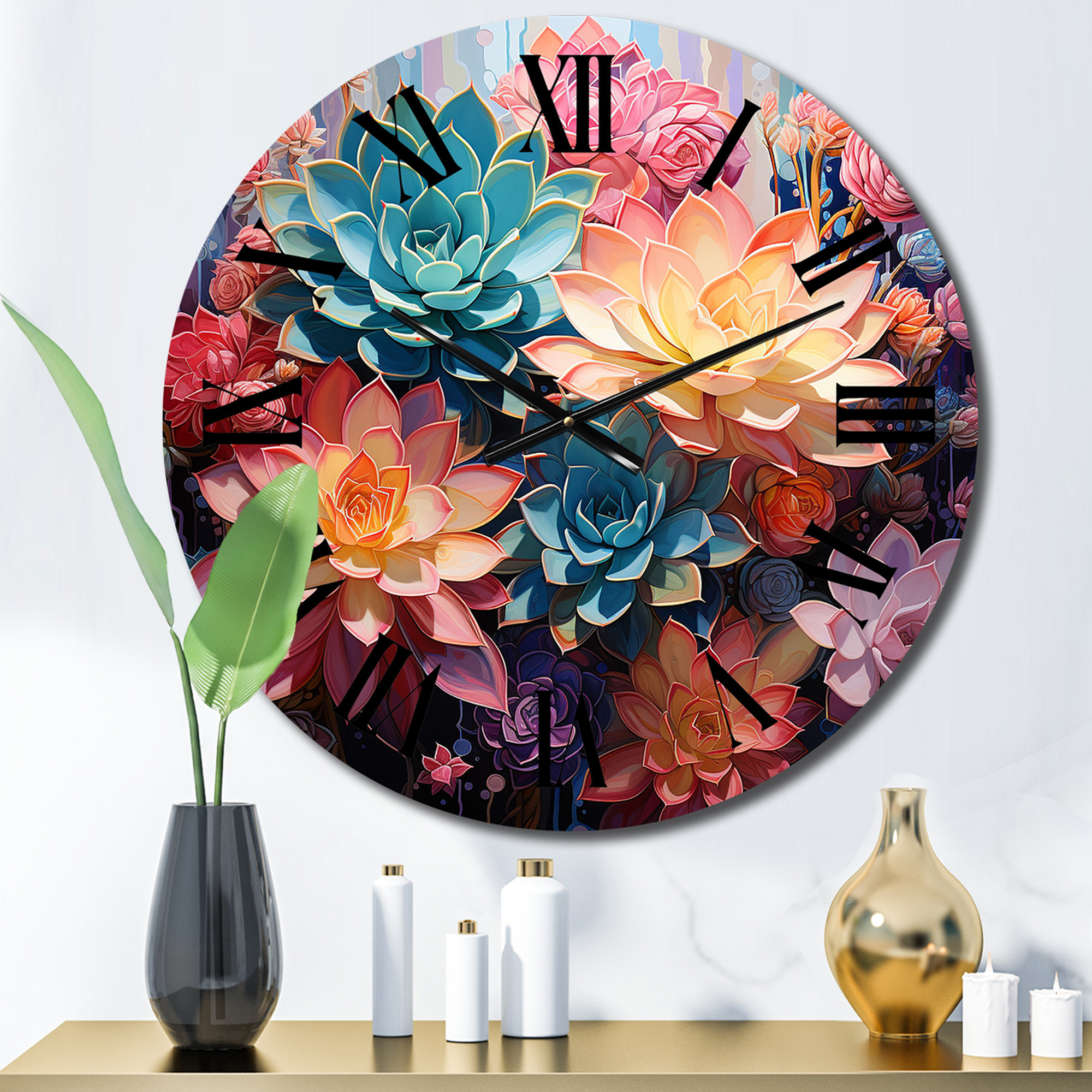 East Urban Home Pink Succulent Pink Serenade I - Floral Wall Clock ...