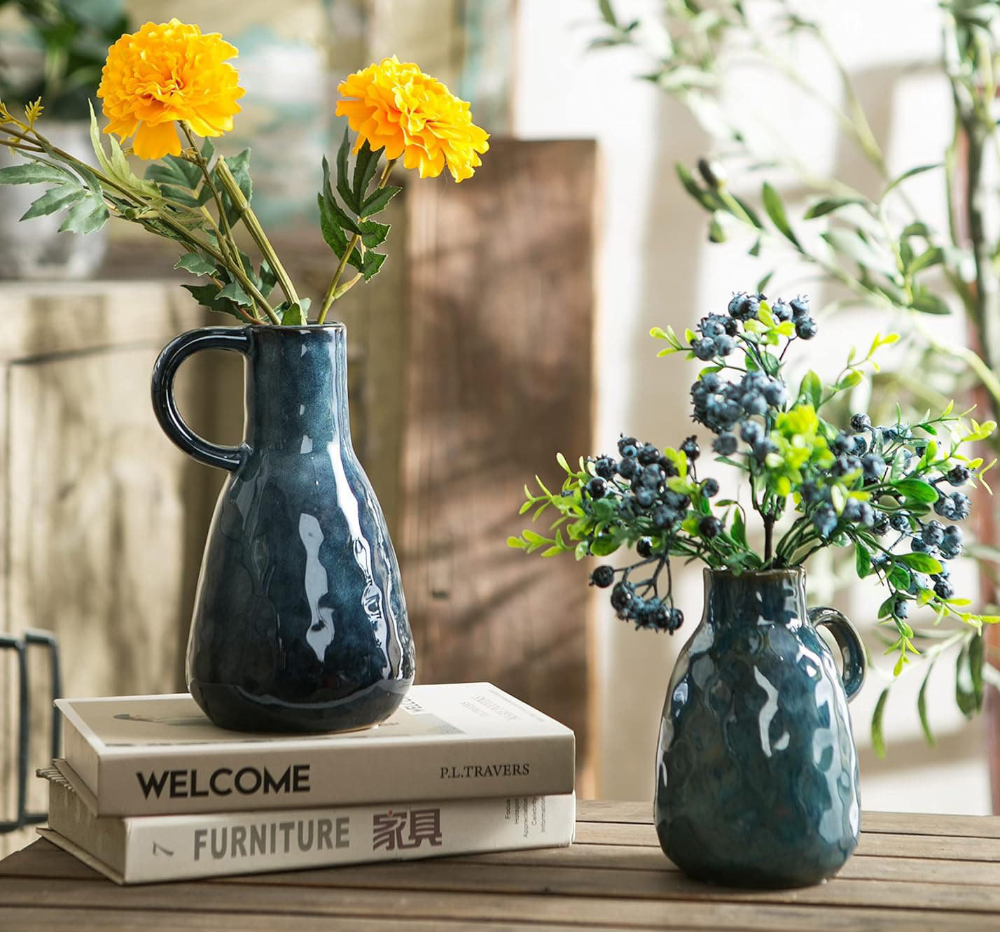 Ivy Bronx Set of 2 Blue Glazed Ceramic Vases with Handles - Ideal for ...