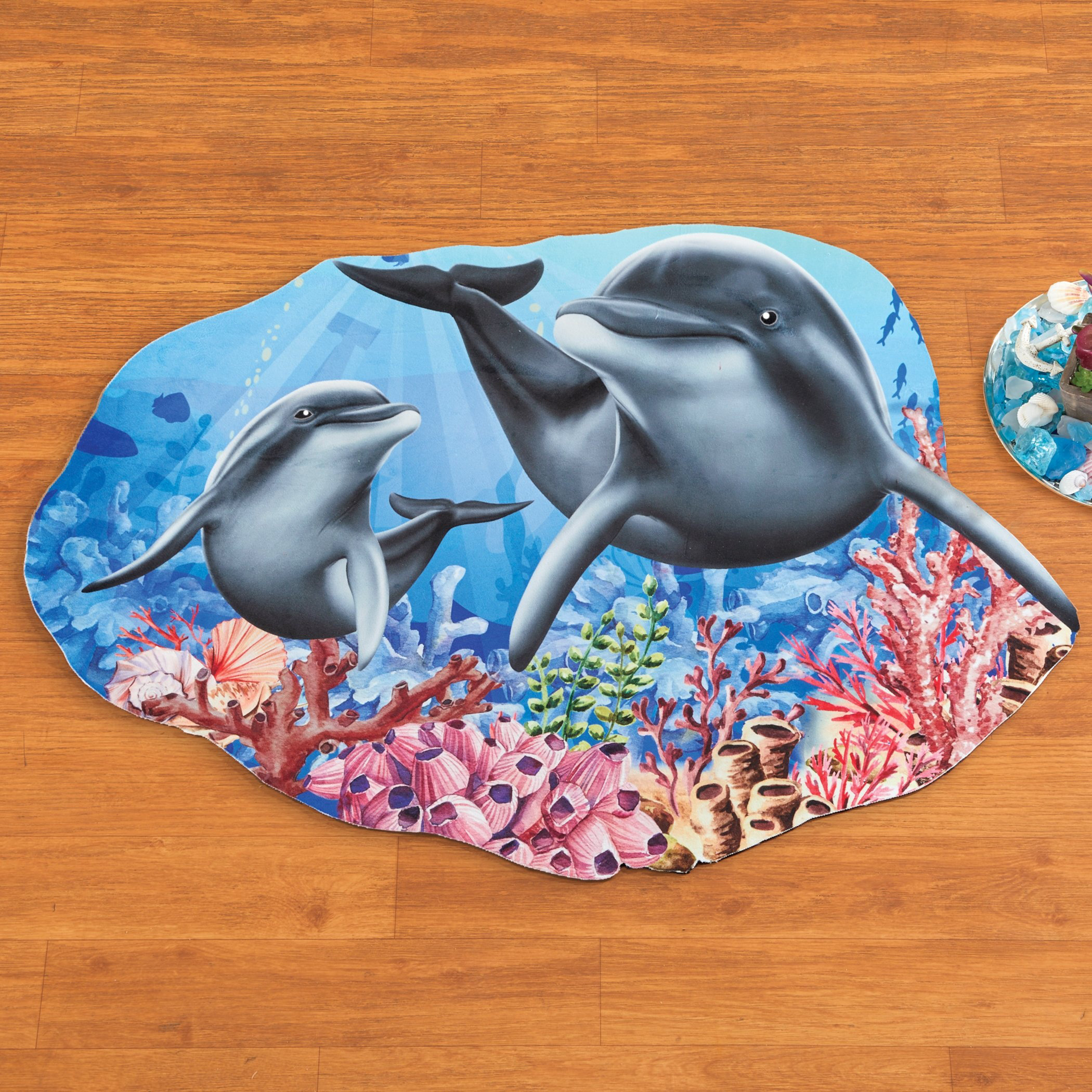 Highland Dunes Dolphins and Colorful Coral Shaped Skid-Resistant Mat ...