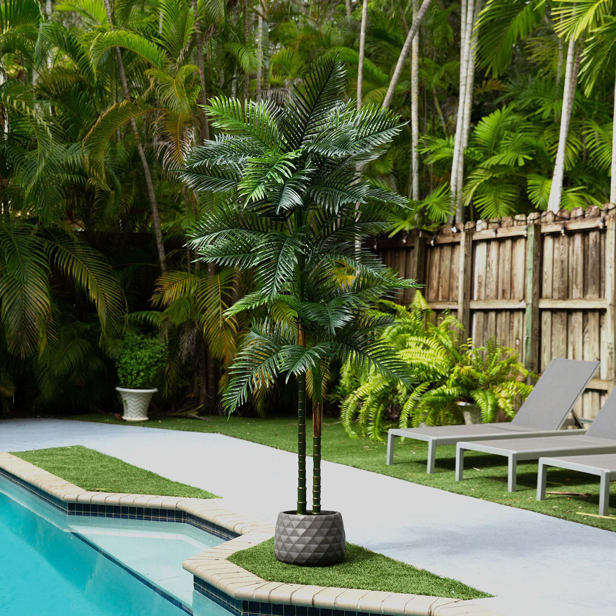 Primrue 8ft. UV Resistant Artificial Double Robellini Palm Tree (Indoor ...