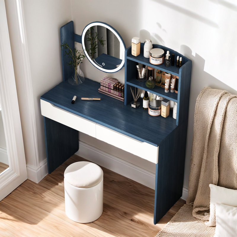 Ebern Designs Blue Vanity Table With Mirror, Drawers, And Shelving ...