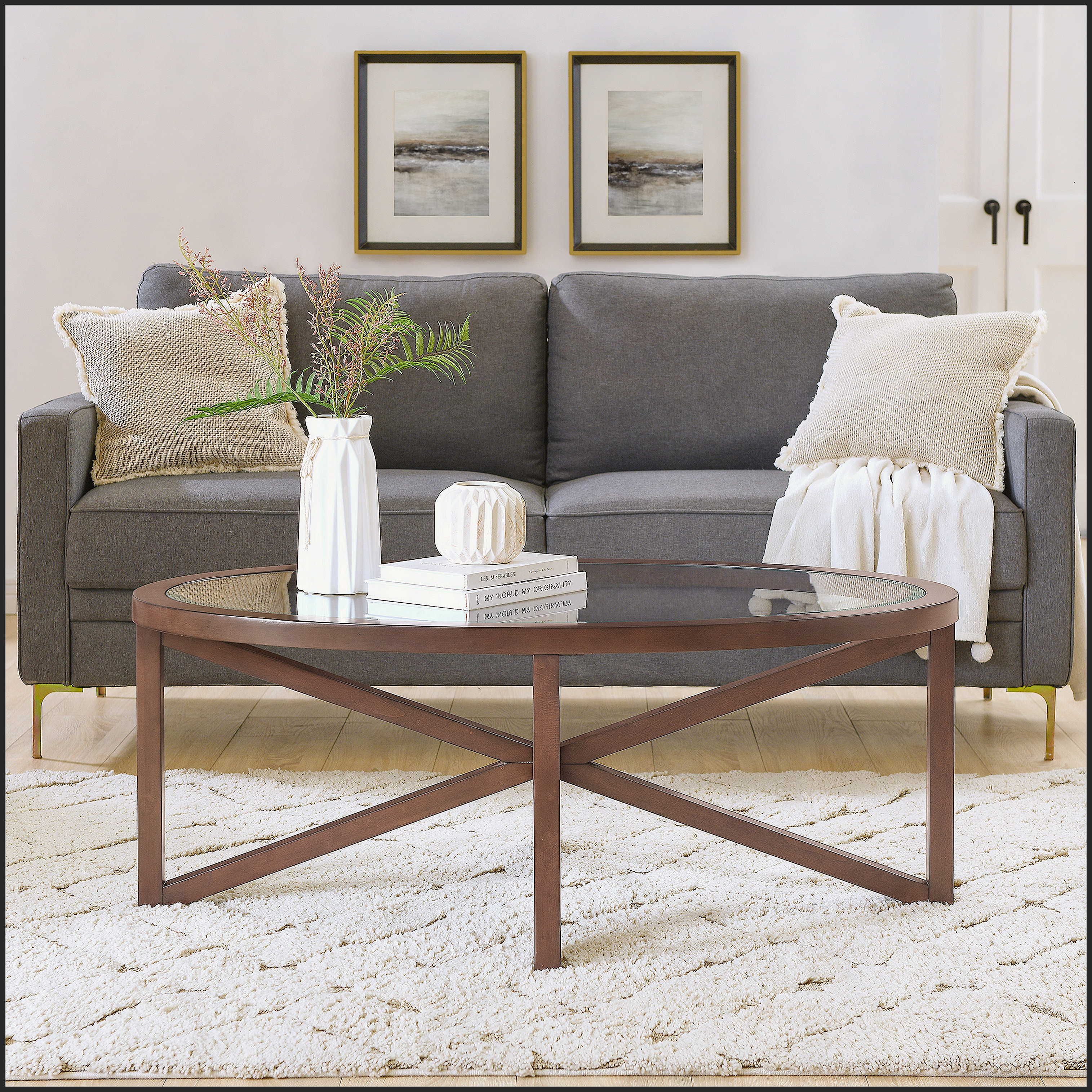 George Oliver Modern Simple Tempered Glass Coffee Table with Solid Wood ...