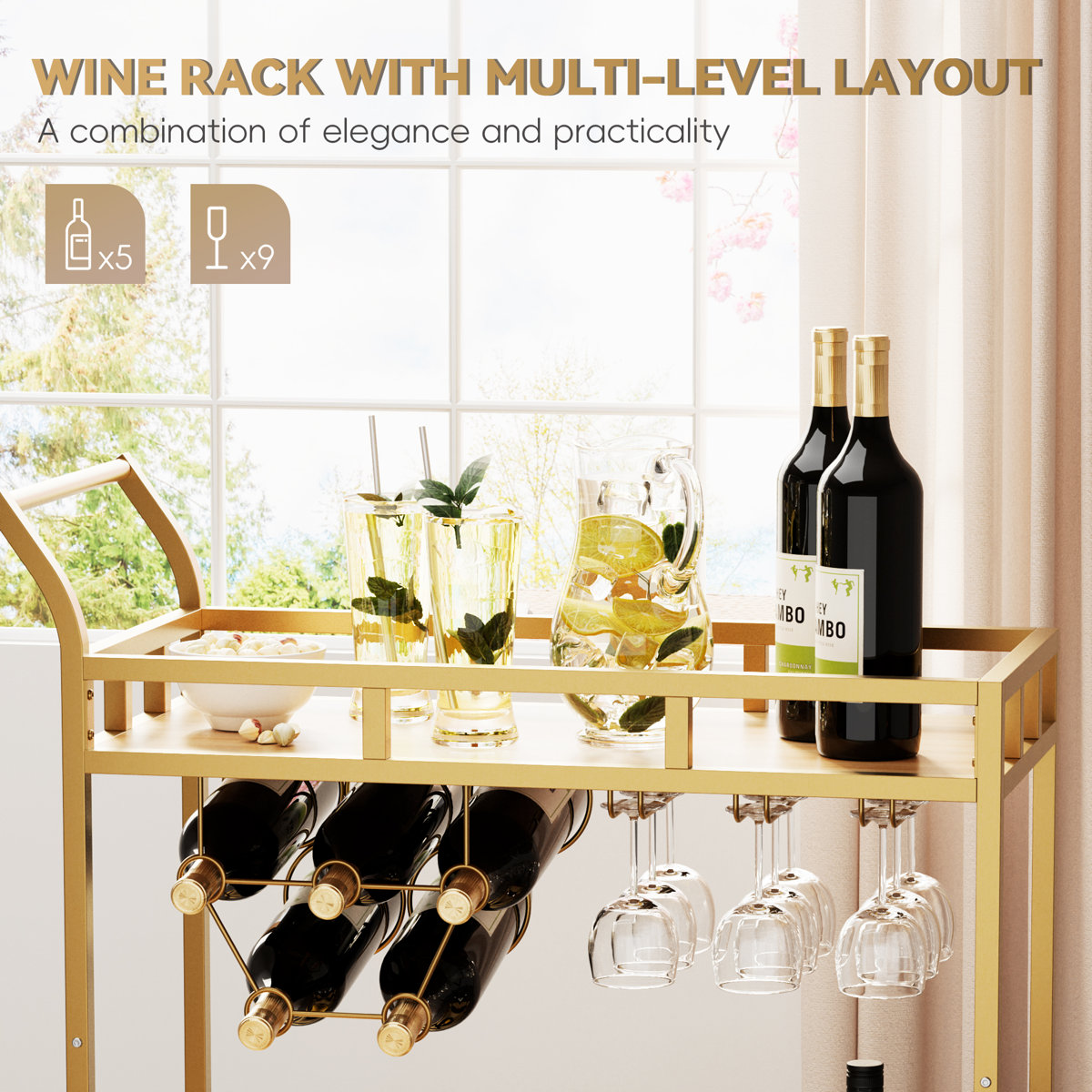 Mercer41 Double Removable Bar Cart with Wine Rack, Secure, Gold | Wayfair